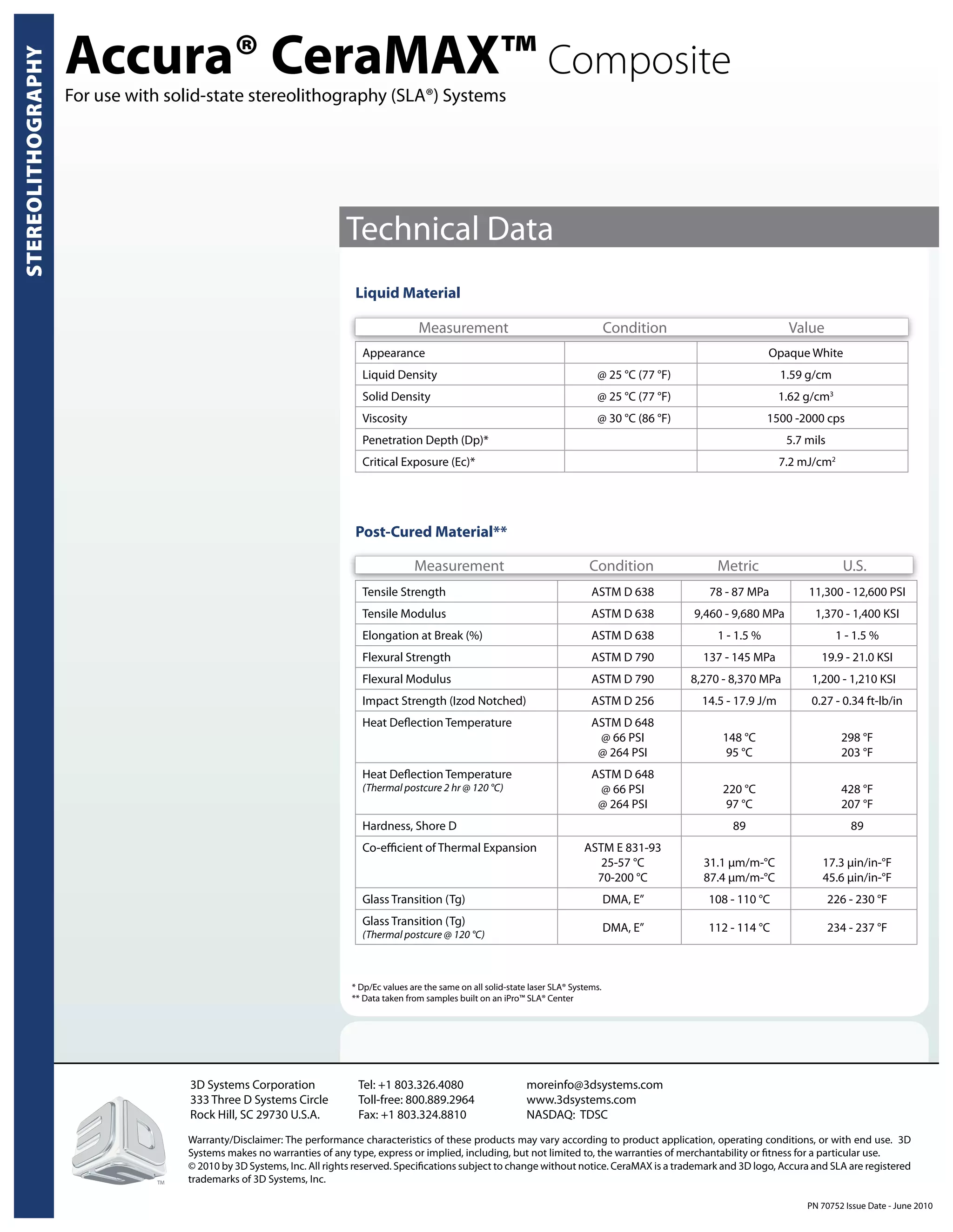 Accura CeraMAX SLA plastic-ceramic composite material properties (EN) | PDF