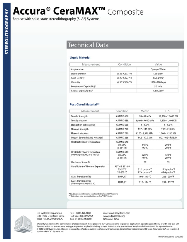 Accura CeraMAX SLA plastic-ceramic composite material properties (EN) | PDF