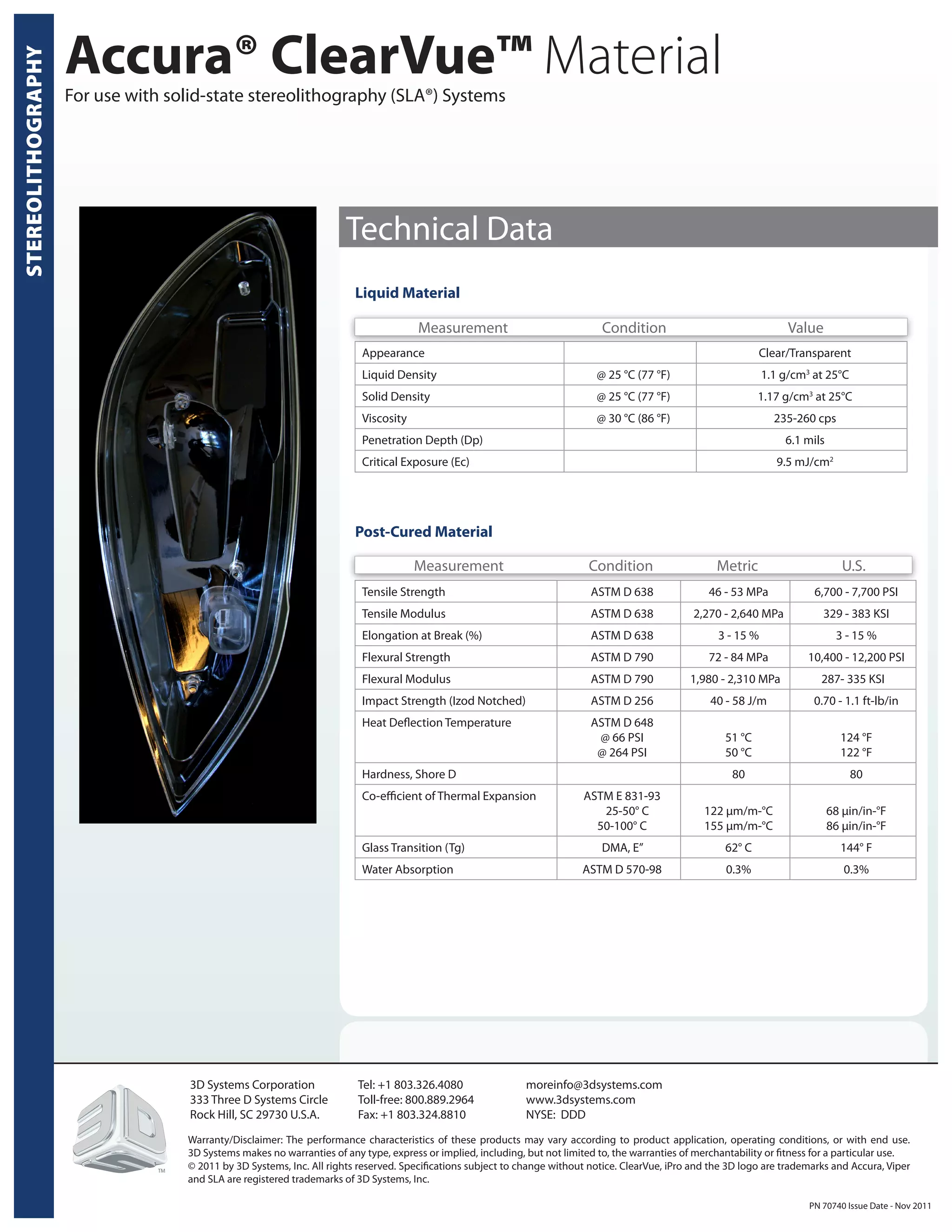 Accura ClearVue SLA material properties (EN) | PDF