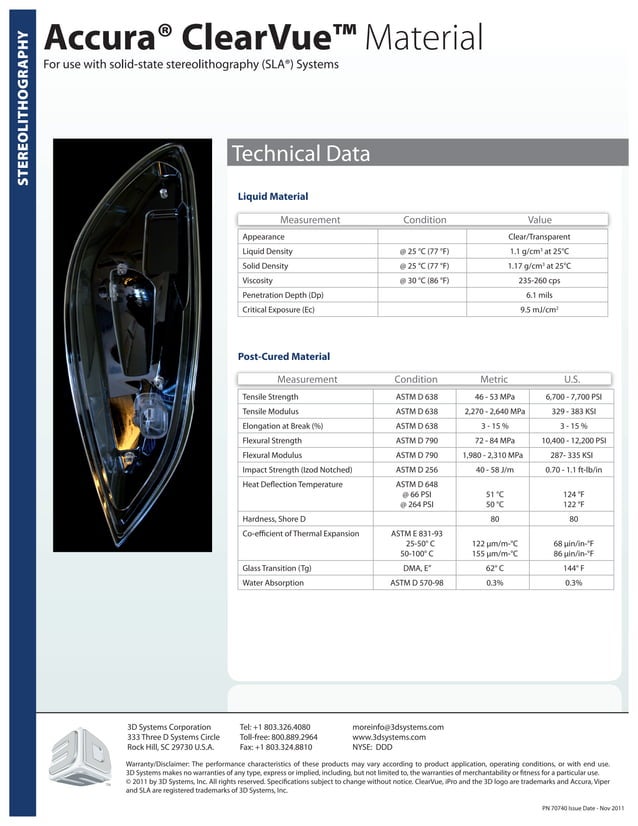 Accura ClearVue SLA material properties (EN) | PDF | Chemistry | Science