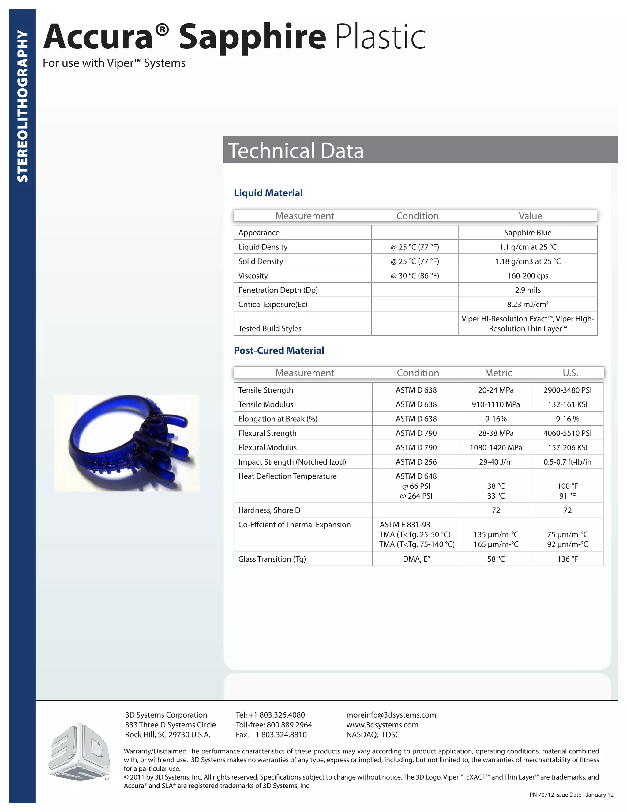 Accura Sapphire SLA Plastic material properties (EN) | PDF