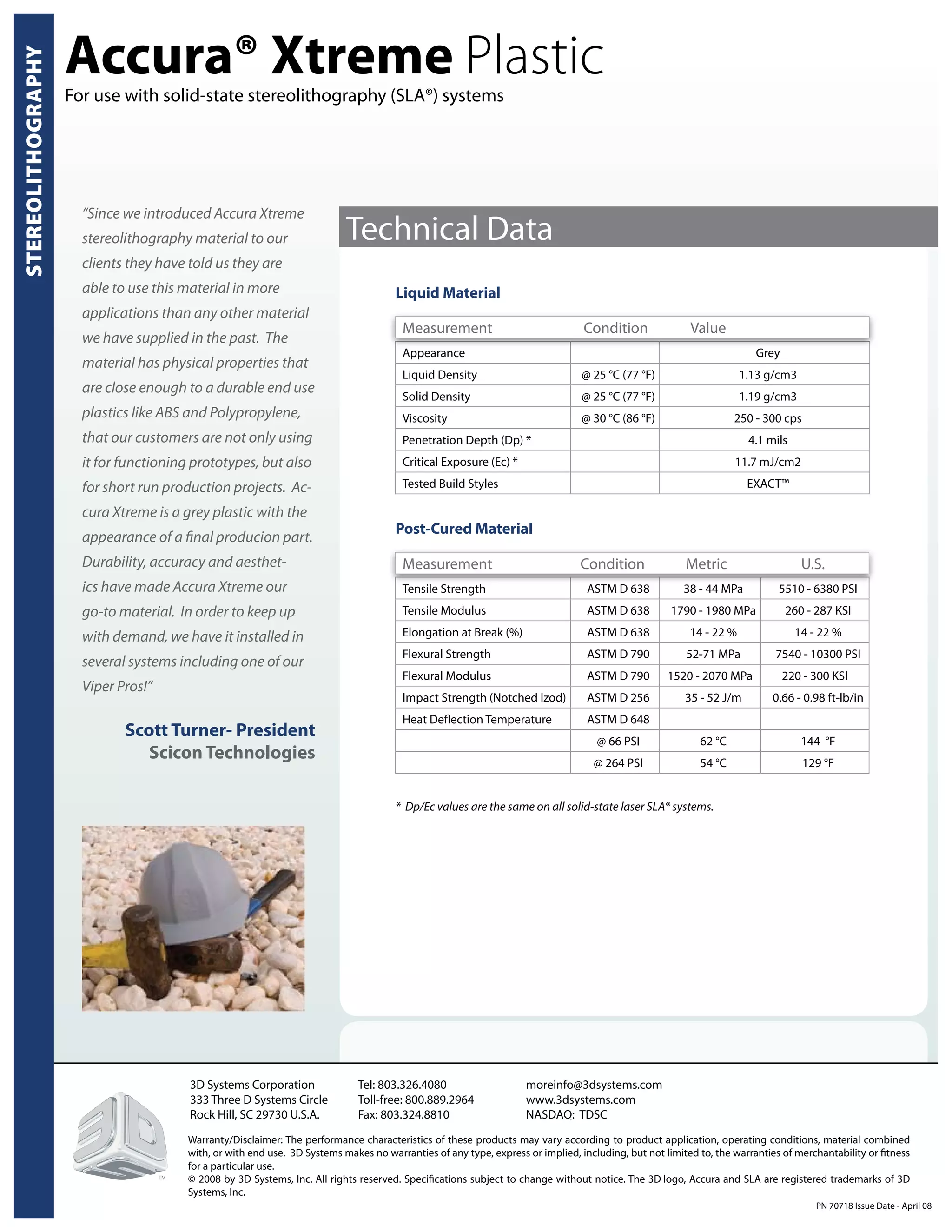 Accura Xtreme SLA Plastic material properties (EN) | PDF
