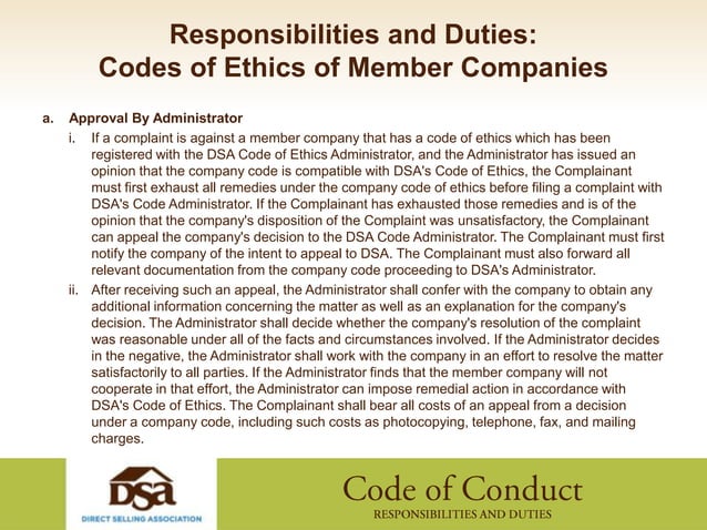 DSA Code of Conduct Responsibilities and Duties | PPT