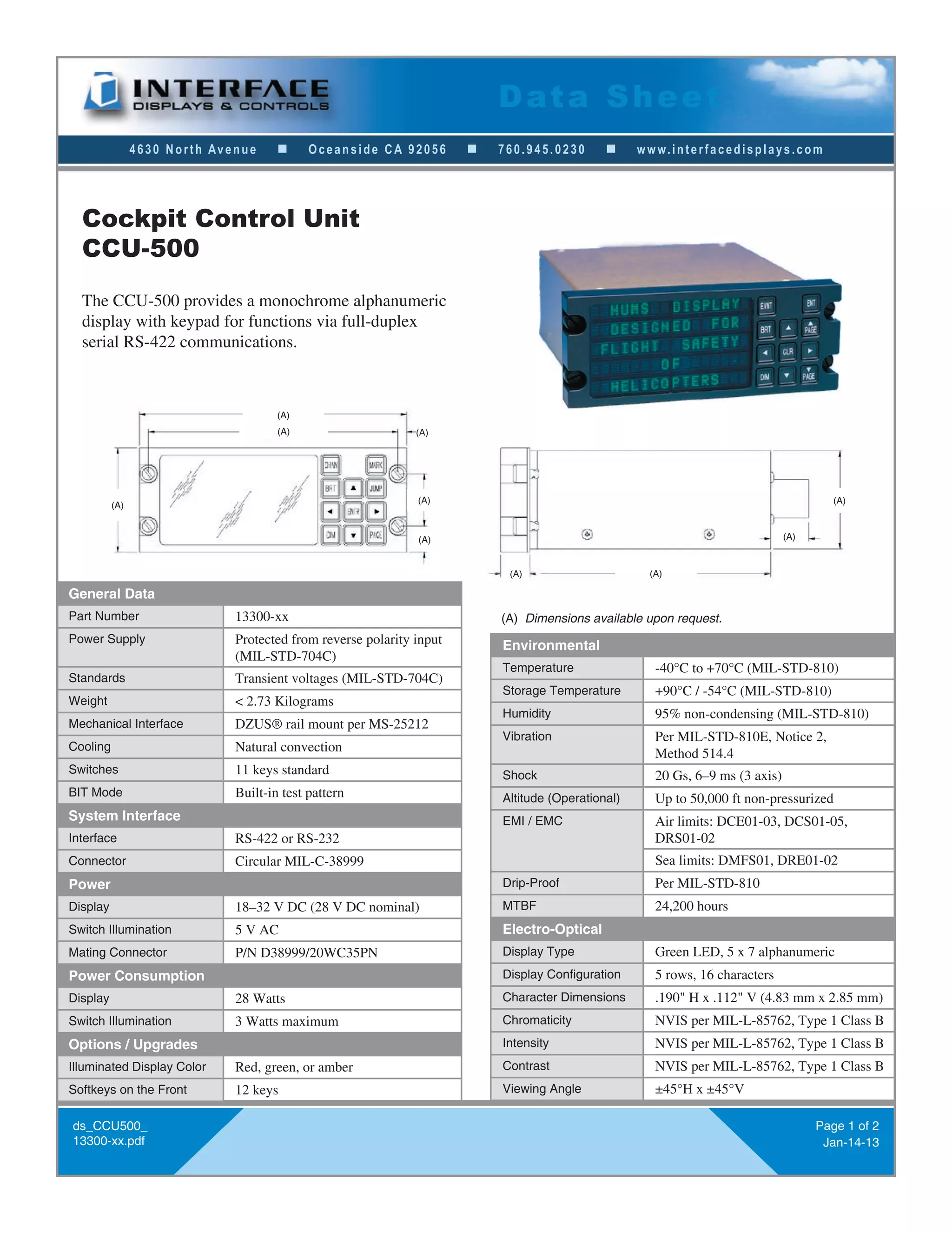 Cockpit Control Unit CCU-500 Data Sheet (Interface Displays) | PDF