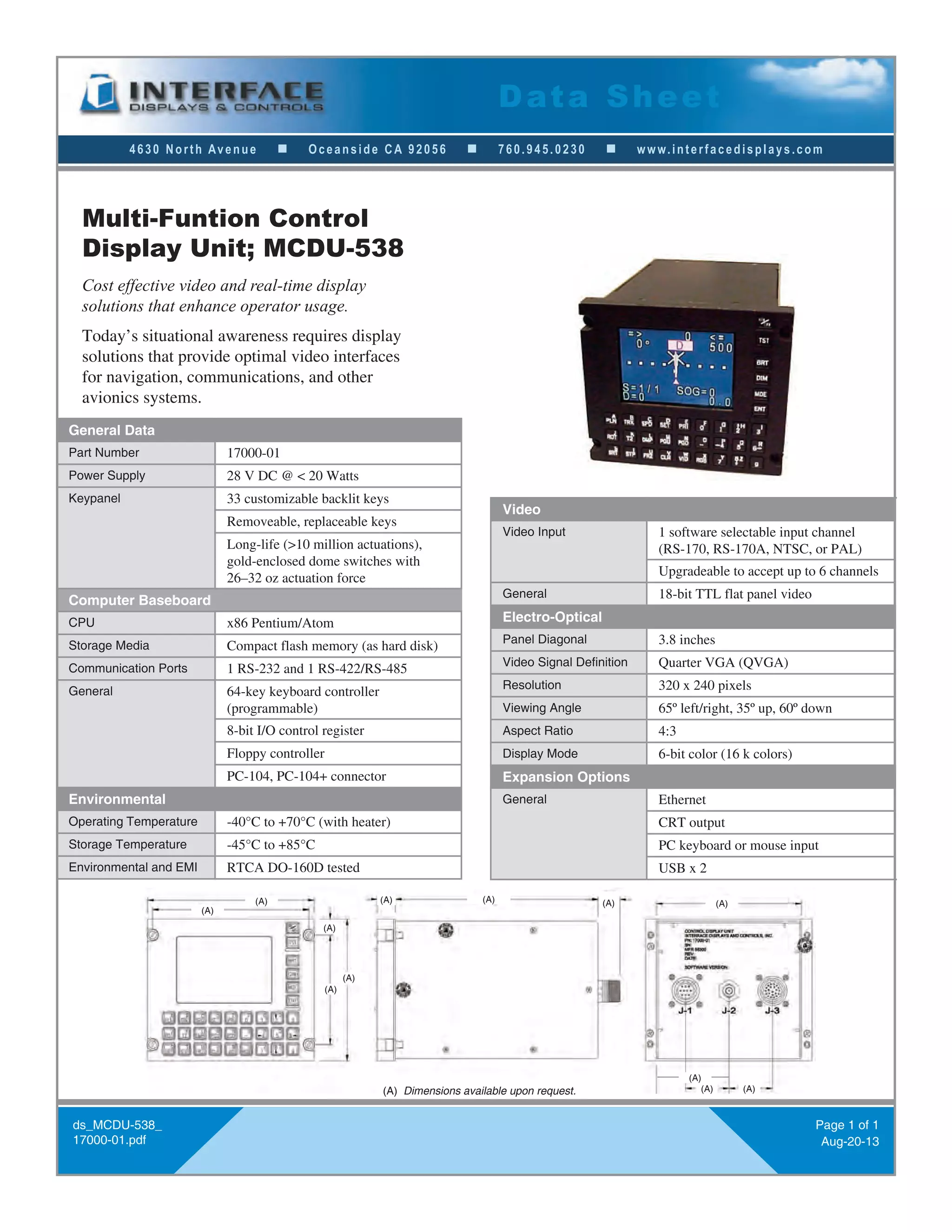 MCDU-538 Data Sheet (Interface Displays) | PDF