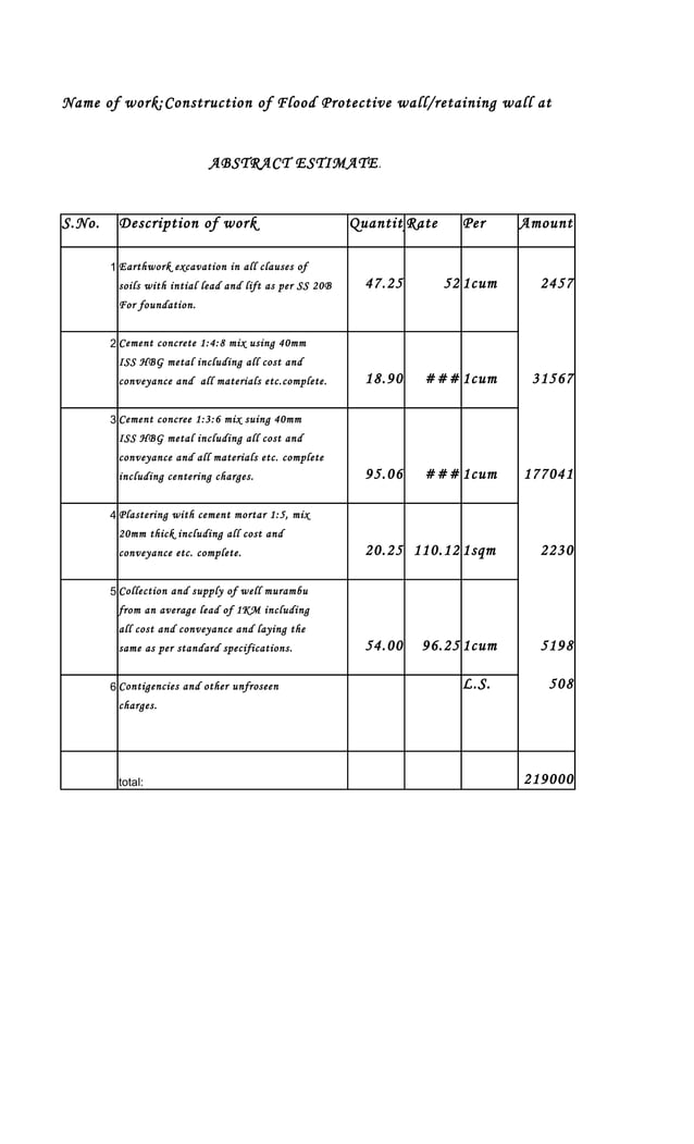 Flood wall estimate | XLS | Civil Engineering Industry | Industries