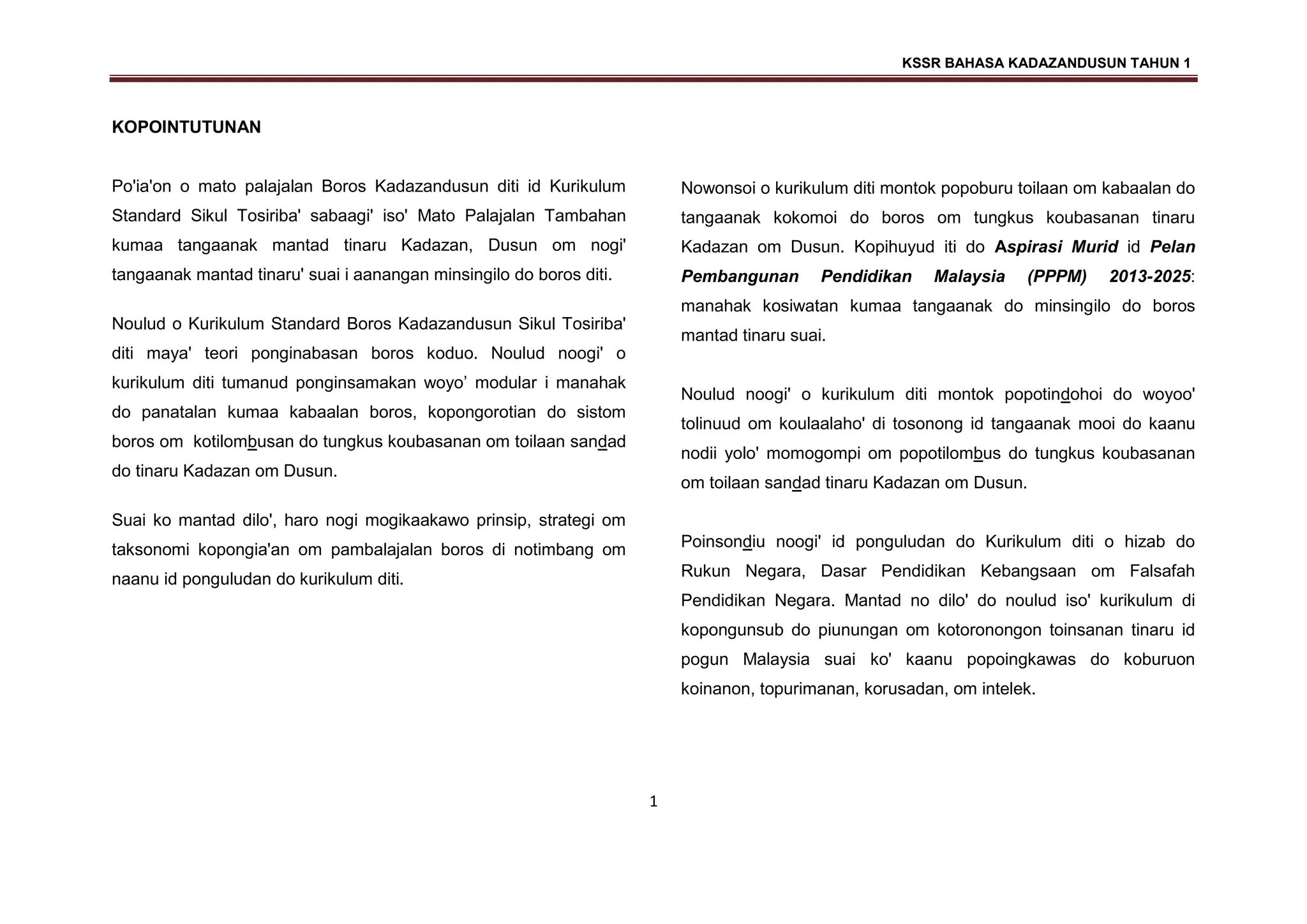 DSKP (semakan) Bahasa Kadazandusun Tahun 1 | PDF