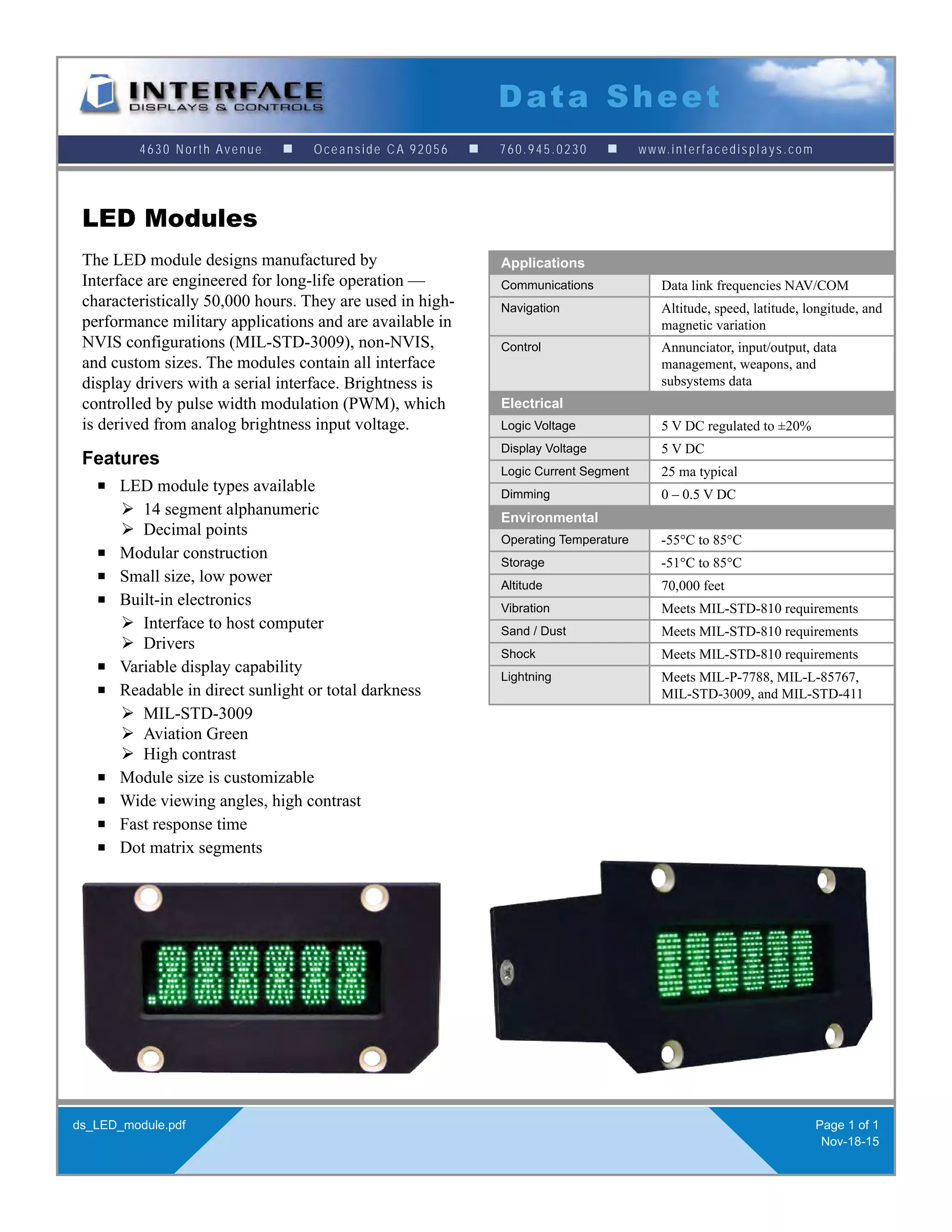 LED Modules Data Sheet (Interface Displays) | PDF