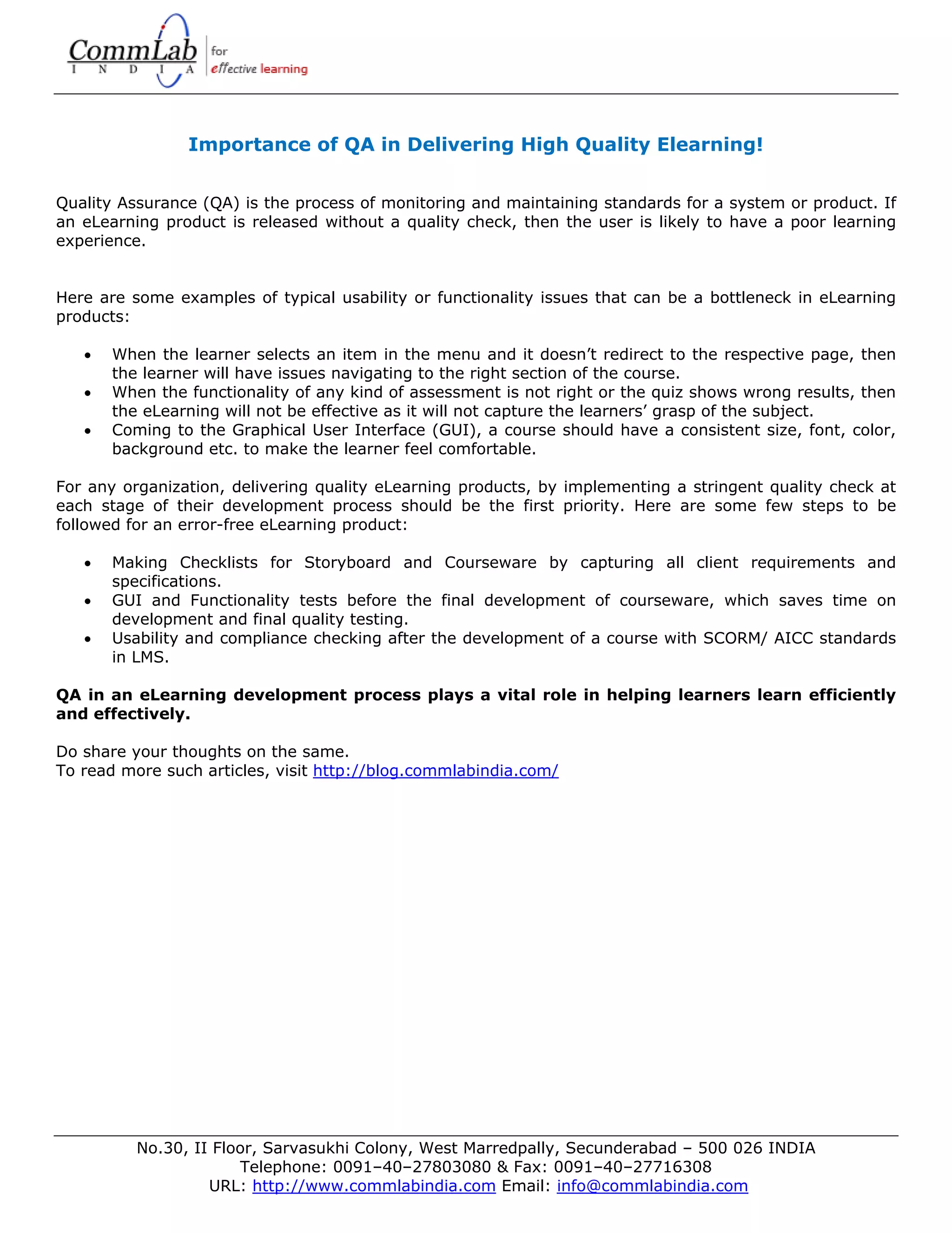 Importance of QA in Delivering High Quality Elearning! | PDF ...