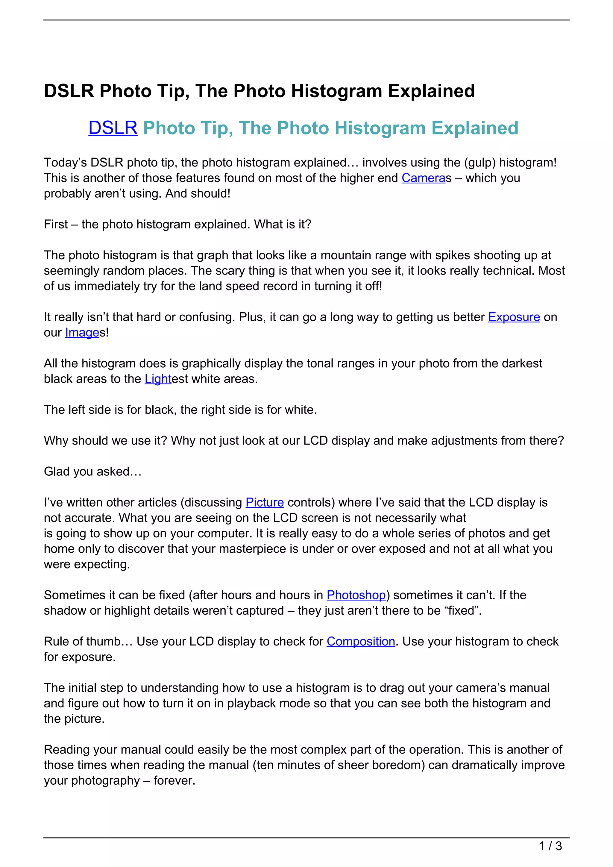 DSLR Photo Tip, The Photo Histogram Explained | PDF