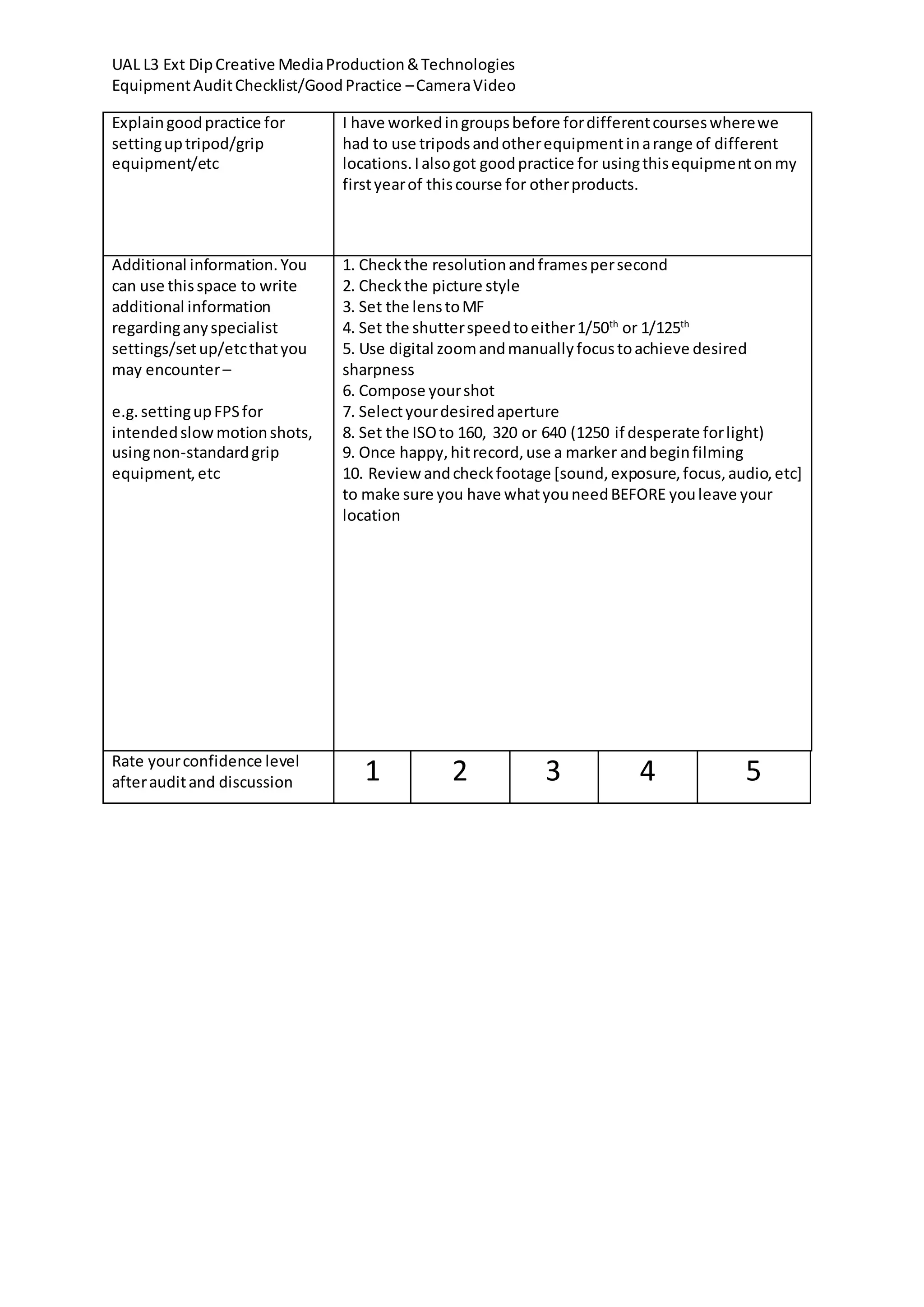 Dslr workshop camera audit form blank 2019 | DOCX