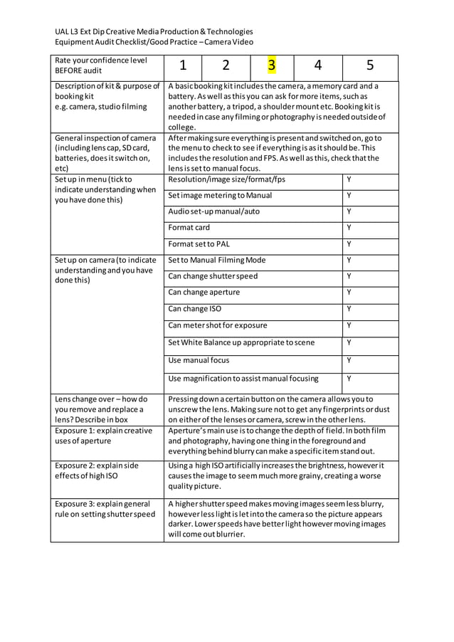 Dslr workshop camera audit form | PDF