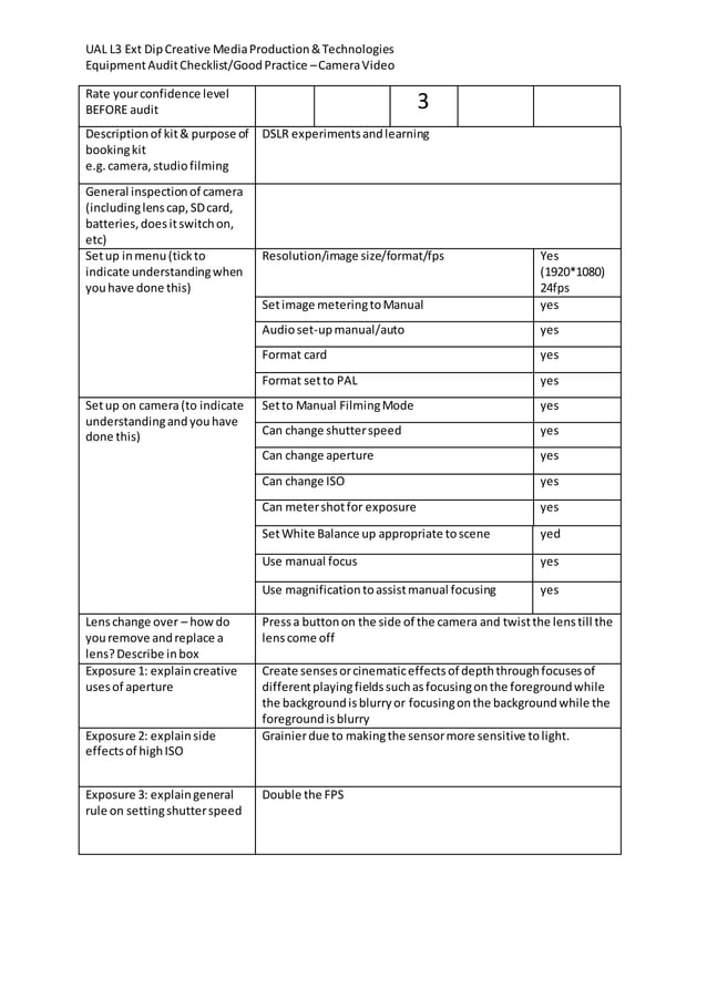 Dslr workshop camera audit form 2019 | PDF
