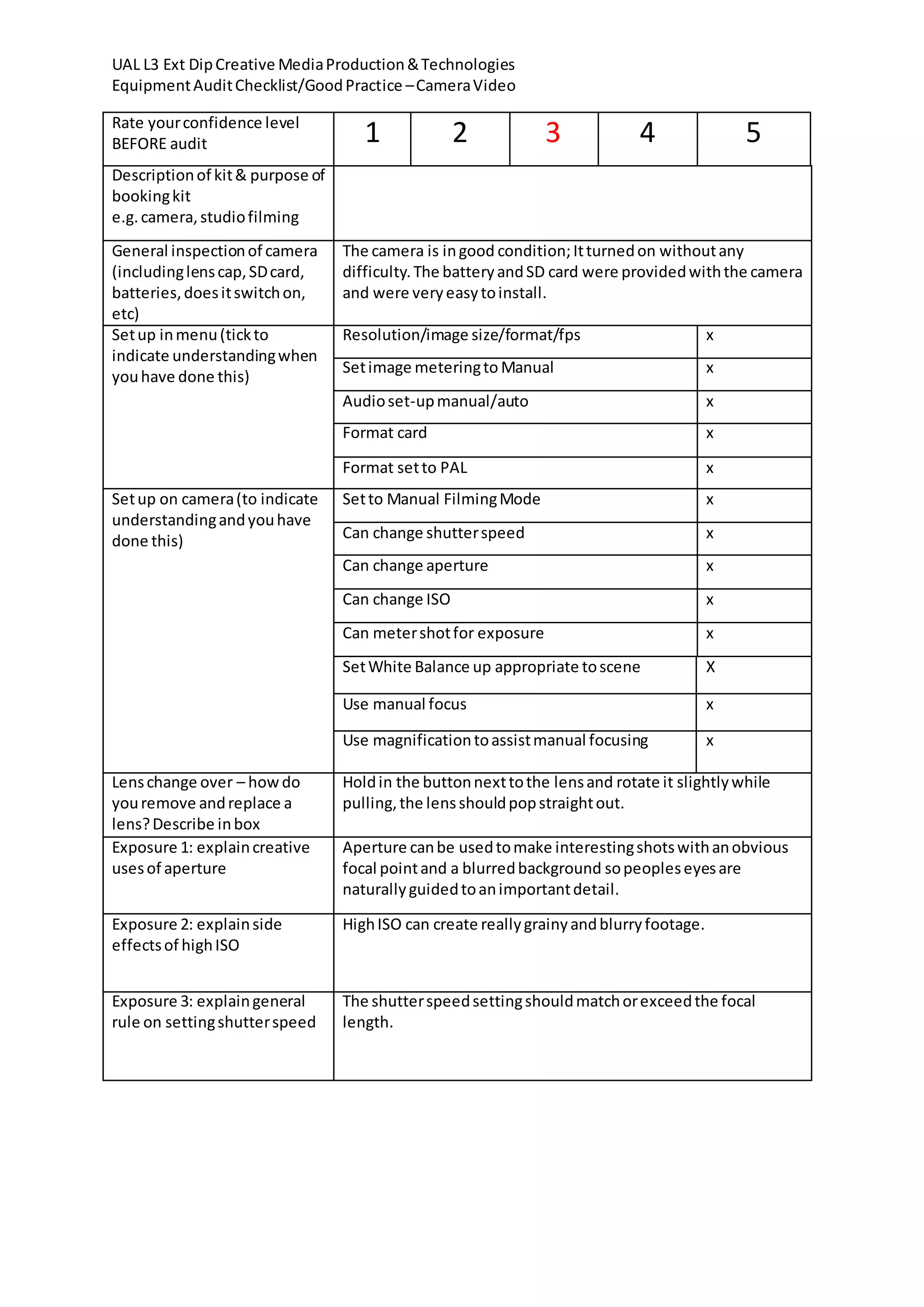 Dslr workshop camera audit | DOCX
