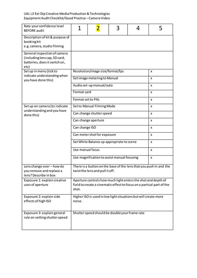 Dslr workshop camera audit form blank 2019 | PDF