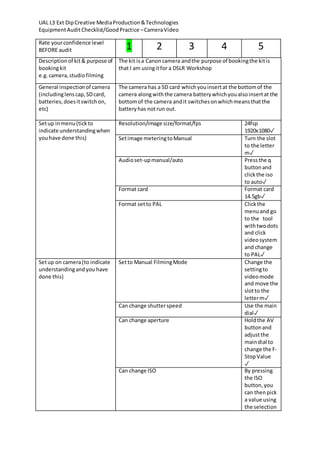 Dslr workshop camera audit form finished | PDF