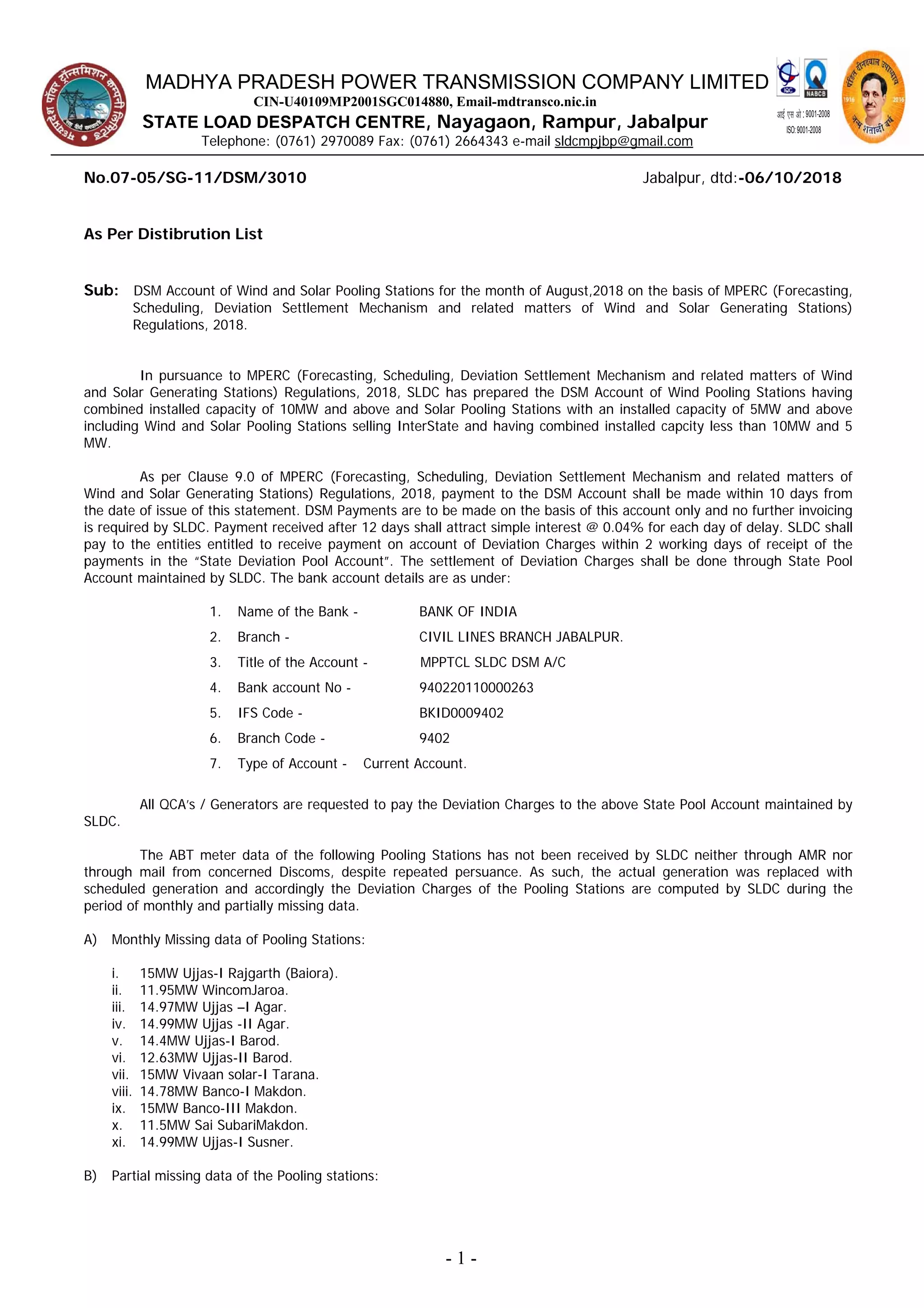 MP-SLDC DSM account solar wind aug 2018 | PDF