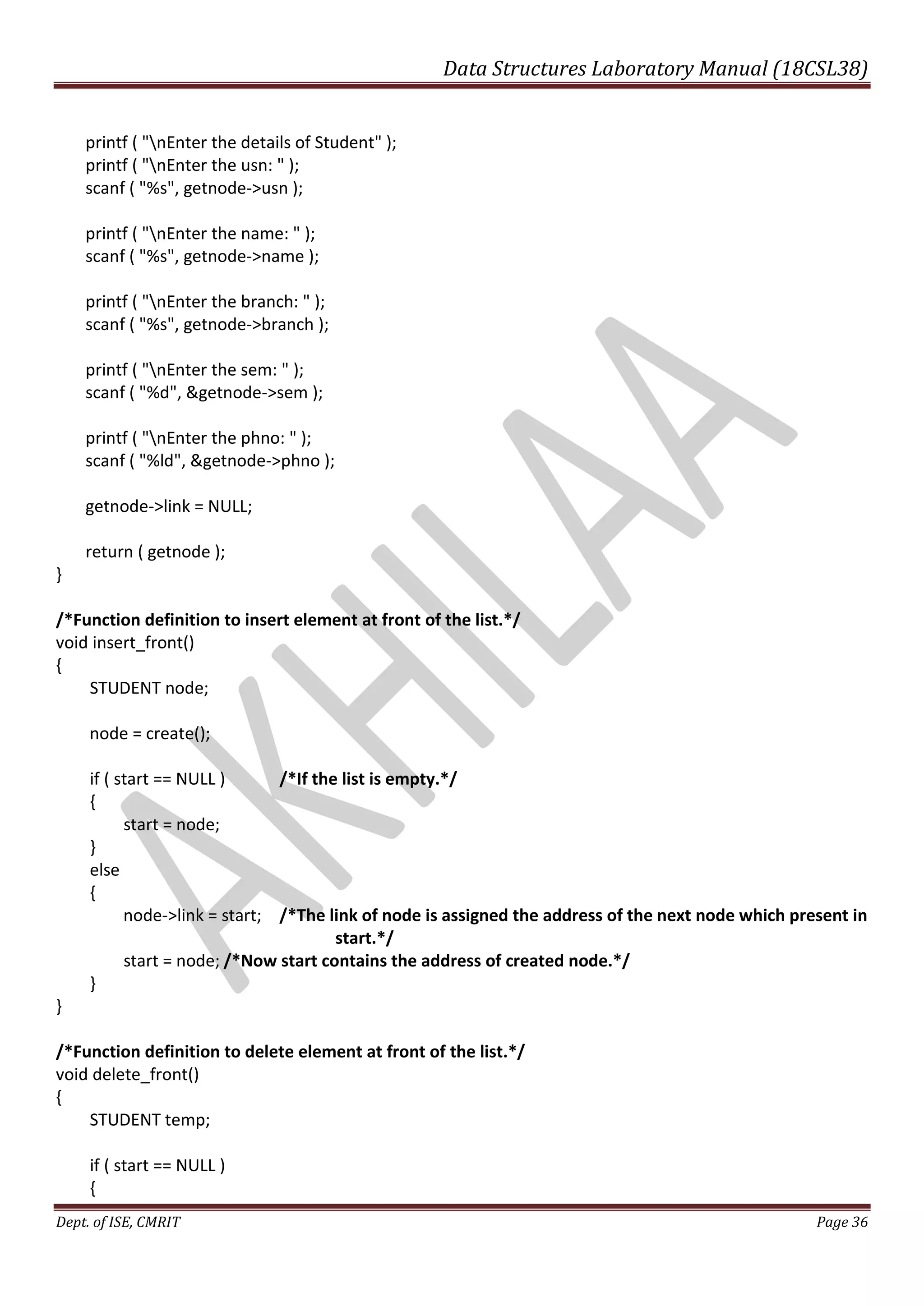 VTU DSA Lab Manual | PDF