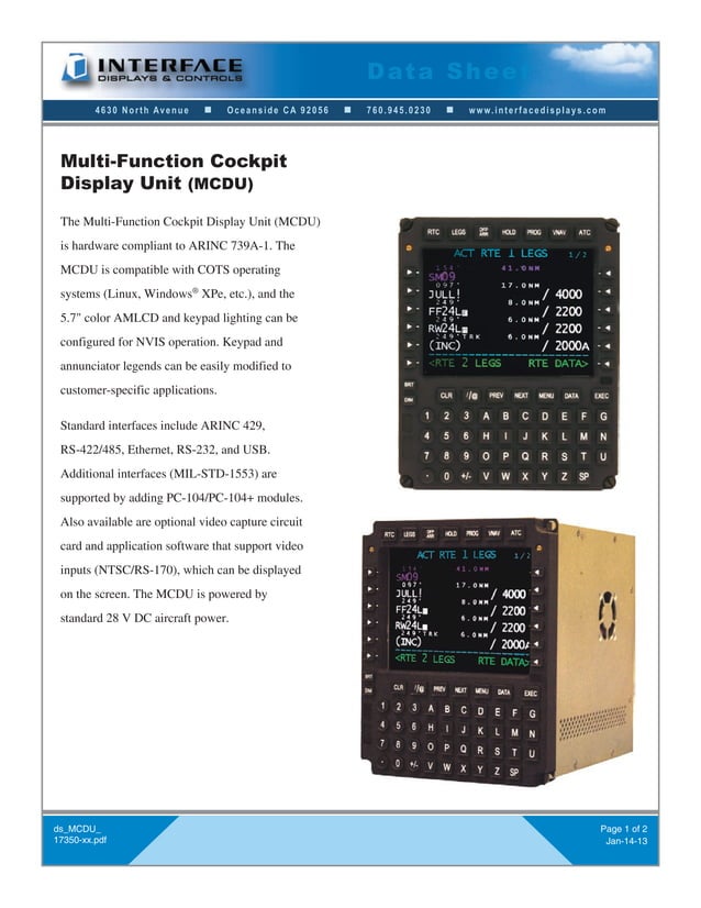 Multi-Function Cockpit Display Unit (MCDU) Data Sheet (Interface ...