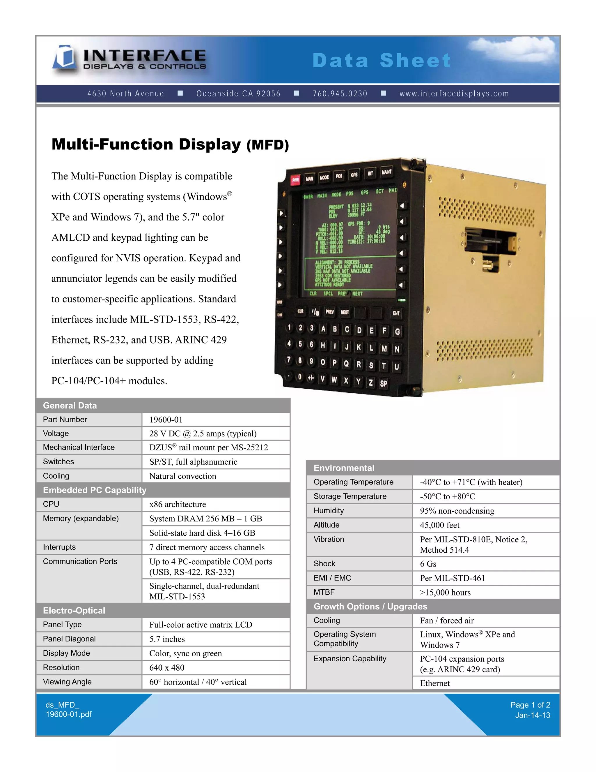 Multi-Function Display (MFD) 19600-01 Data Sheet (Interface Displays) | PDF | Operating Systems ...