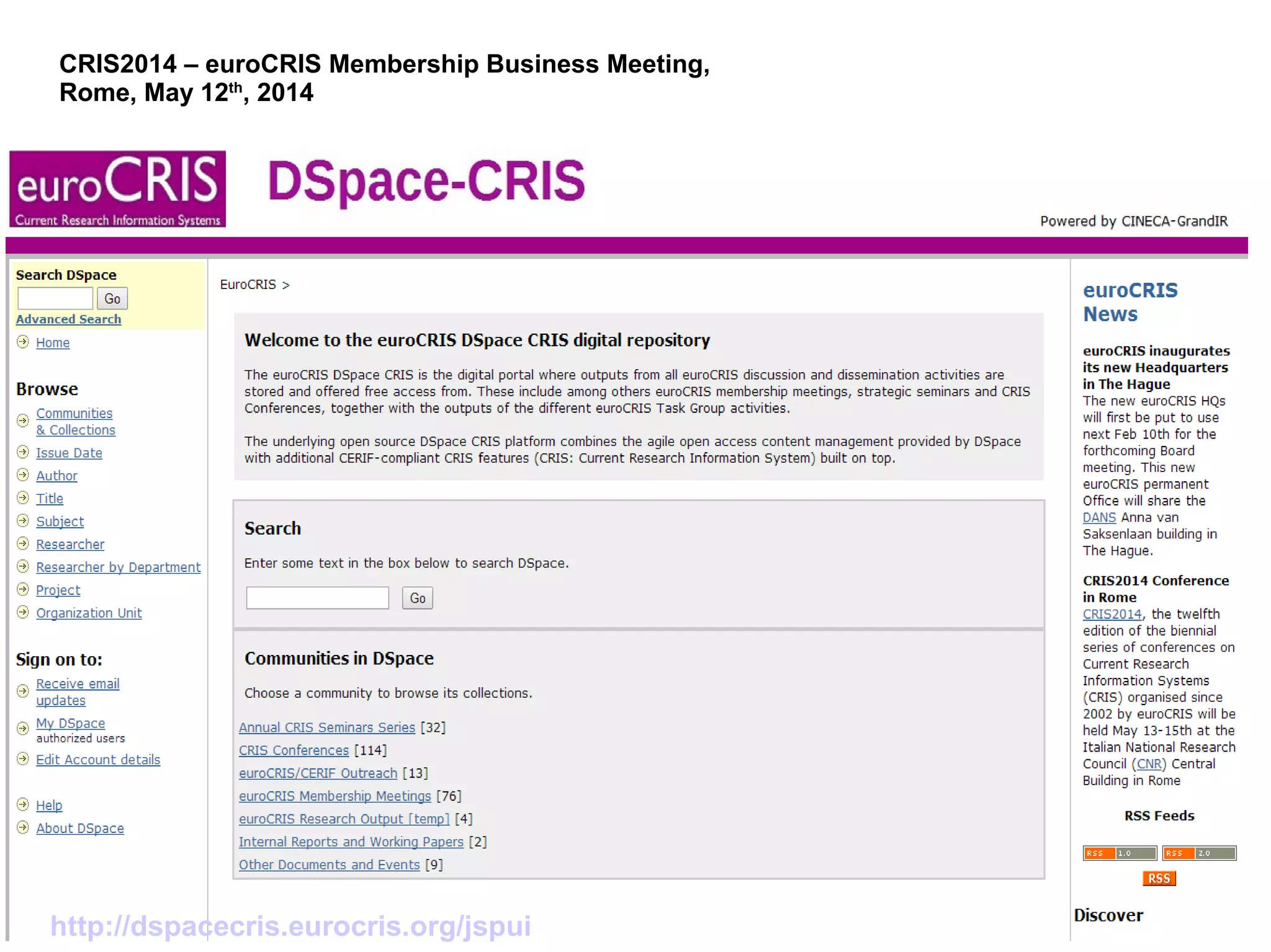 euroCRIS DSpace-CRIS presentation at #CRIS2014 conference | PPT