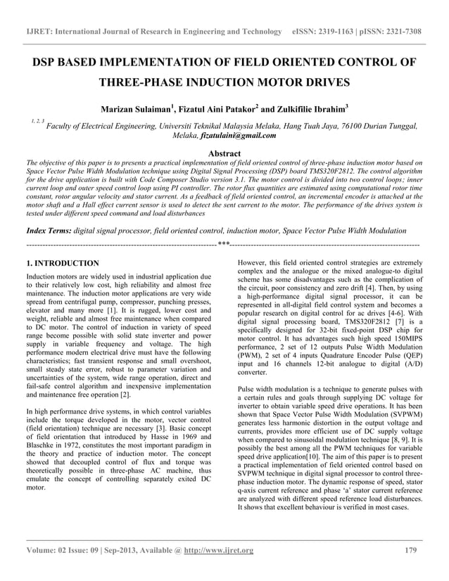 Dsp Based Implementation Of Field Oriented Control Of Three Phase
