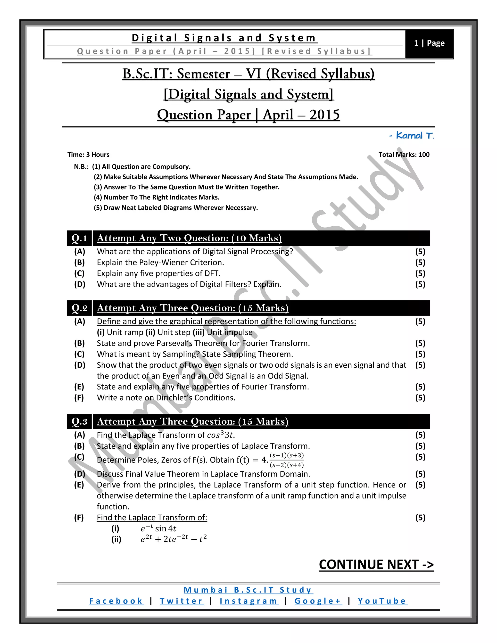 Digital Signals and System (April – 2015) [Revised Syllabus | Question Paper] | PDF | Physics ...