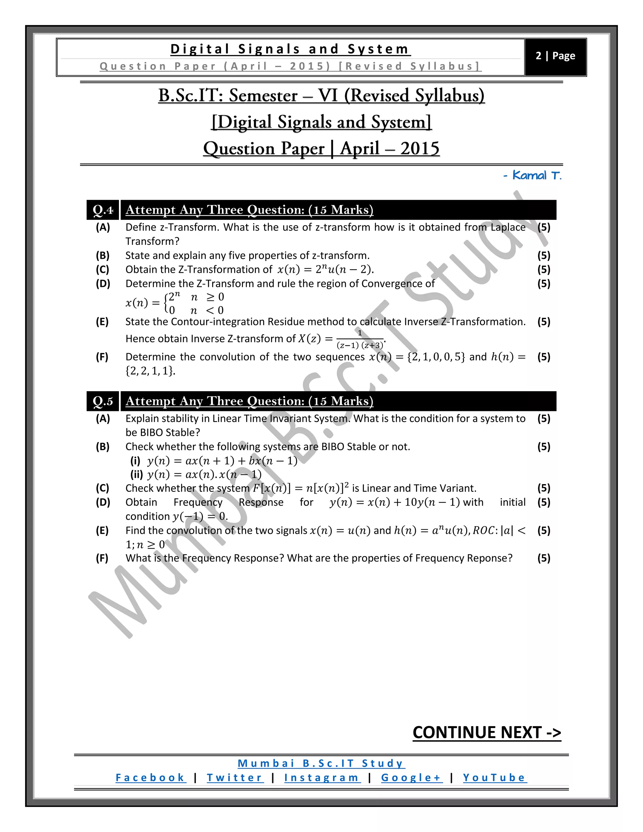 Digital Signals and System (April – 2015) [Revised Syllabus | Question ...