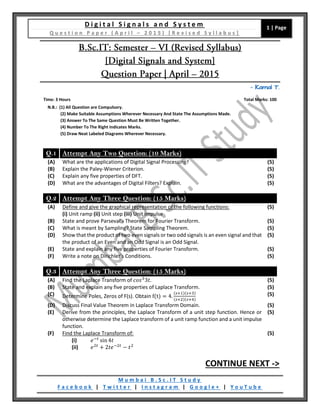 Digital Signals and System (April – 2015) [Revised Syllabus | Question ...