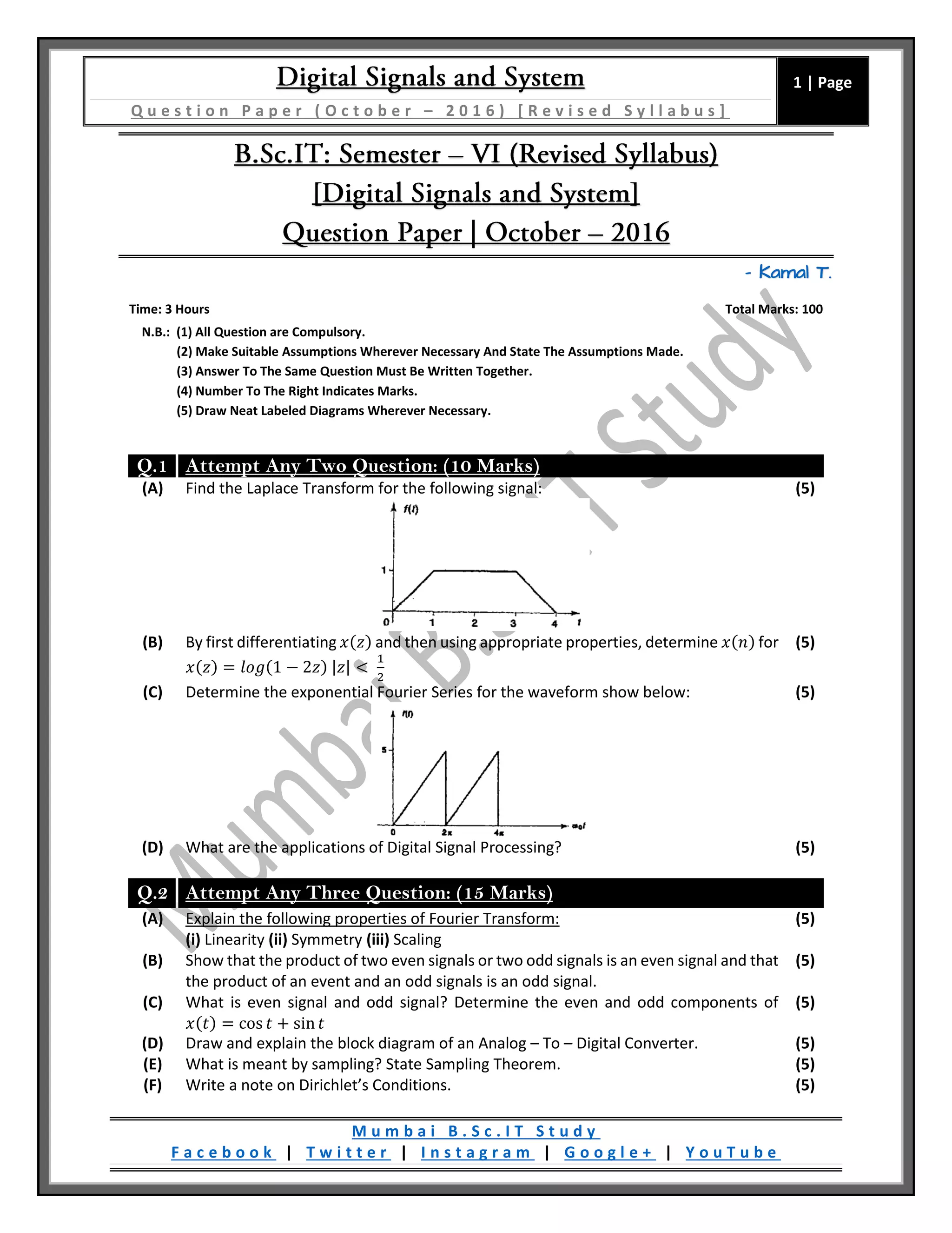 Digital Signals and System (October – 2016) [Revised Syllabus | Question Paper] | PDF