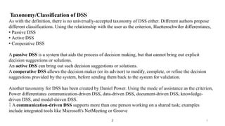 DSS and Expert System.pptx taxonomy classification characteristics components applications | PPTX