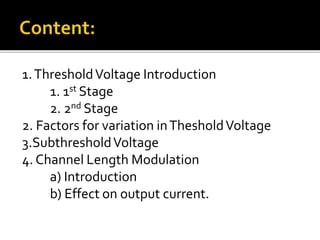 Threshold Voltage & Channel Length Modulation | PPTX | Physics | Science