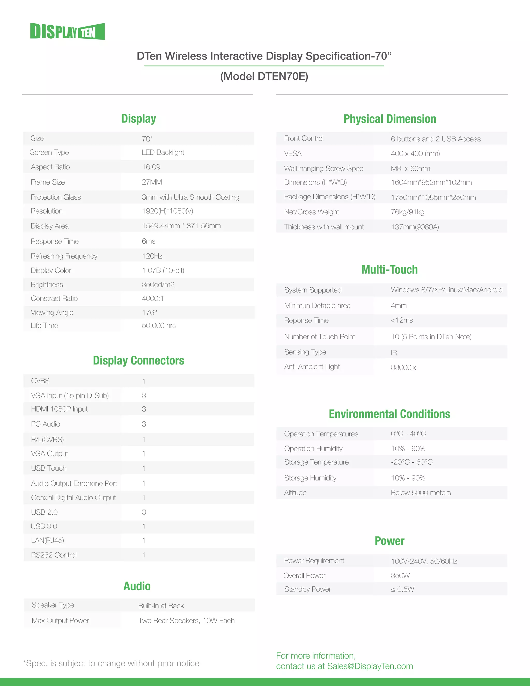 DisplayTen DTen70 spec v1.1 | PDF