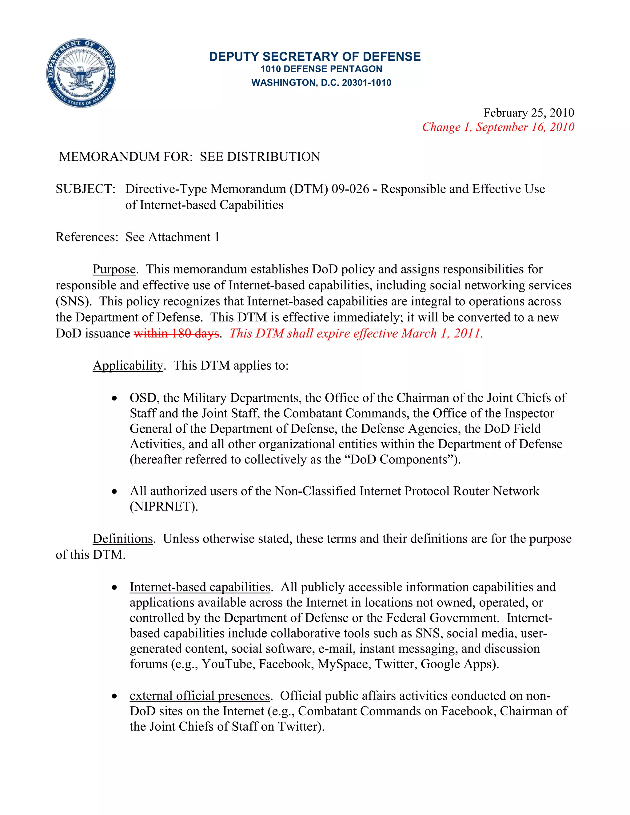 Directive-Type Memorandum (DTM) 09-026 - Responsible and Effective Use of Internet-based ...