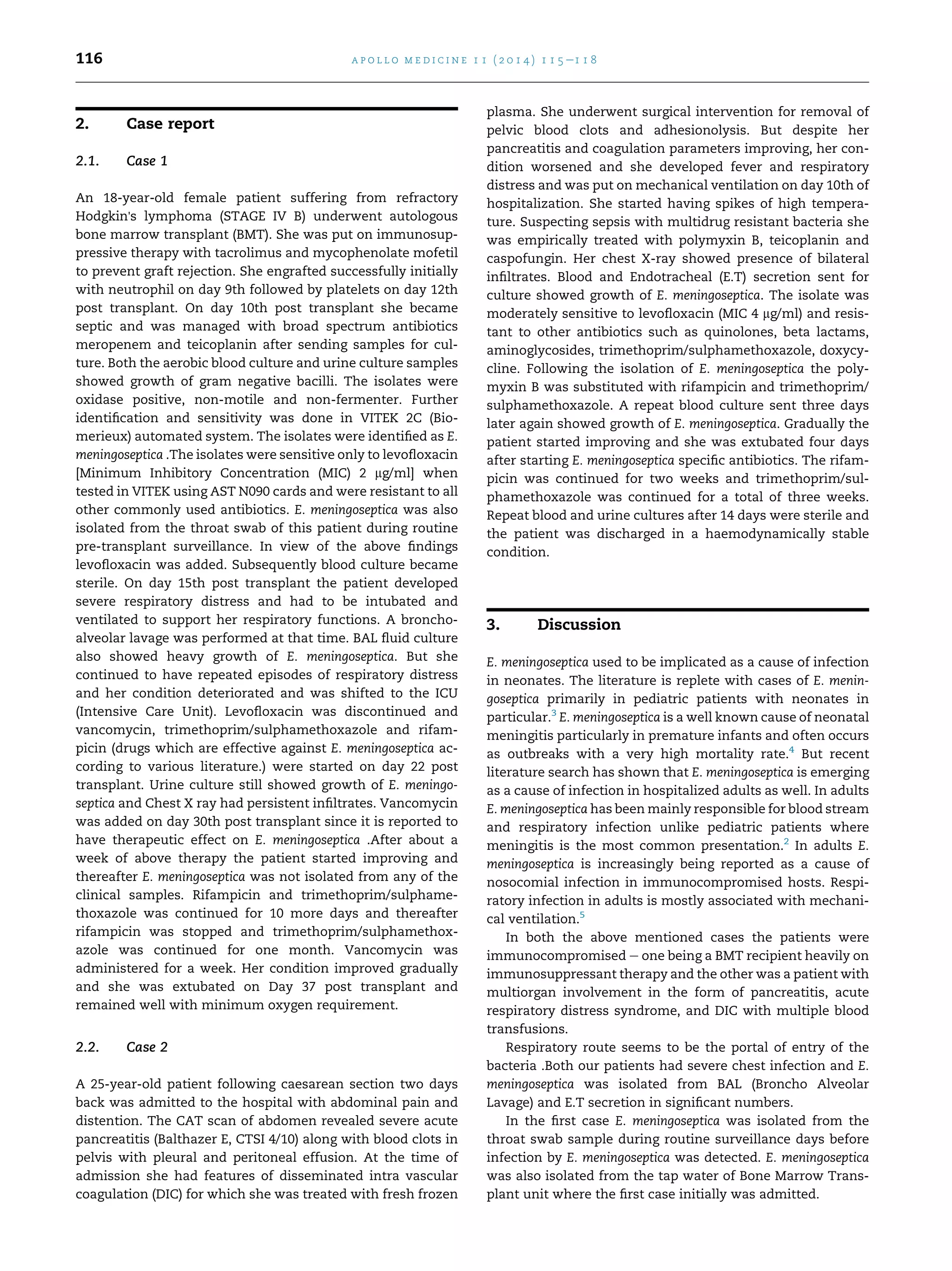 Successful treatment of two cases of Elizabethkingia meningoseptica ...