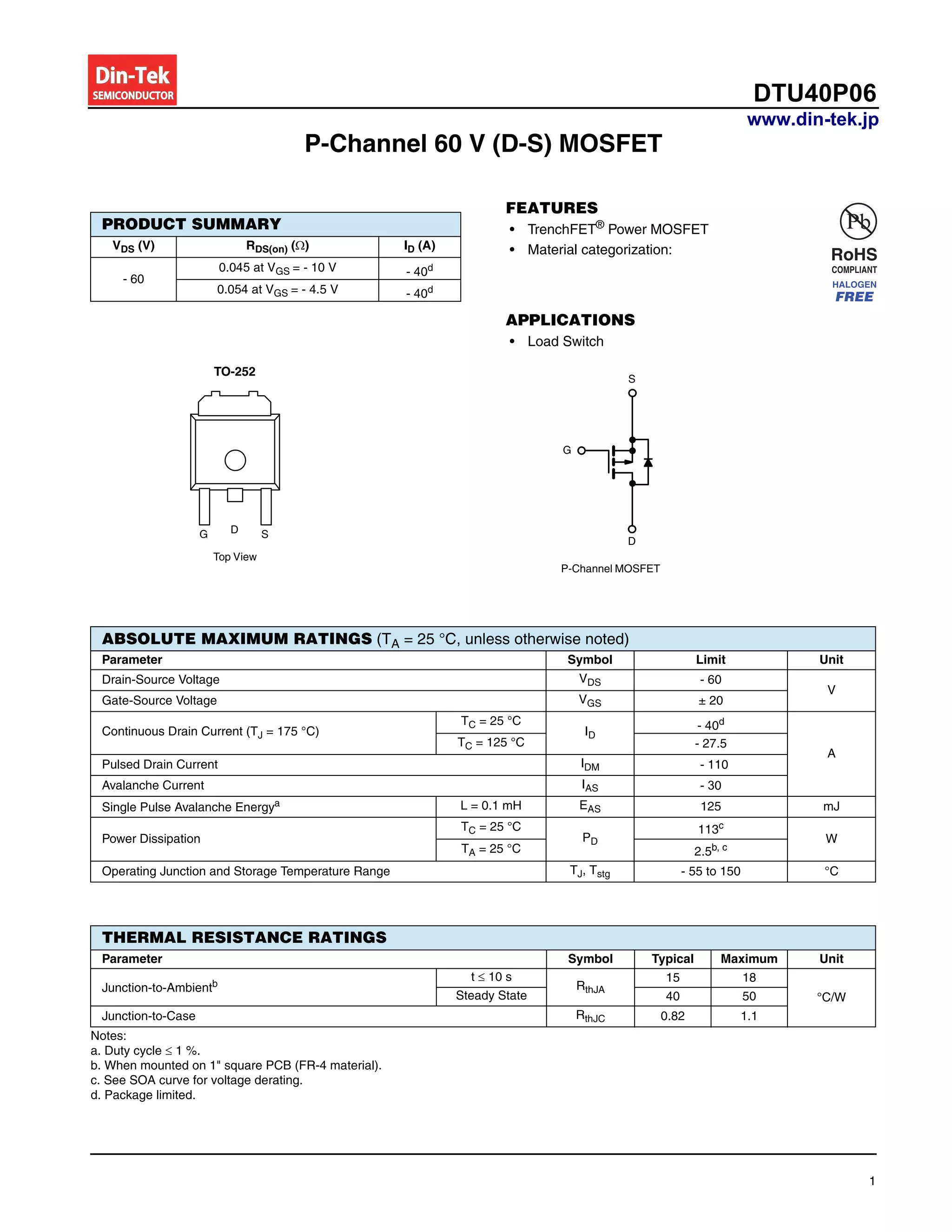 Original P-Channel Mosfet DTU40P06 40P06 TO-252 60V 27A New | PDF