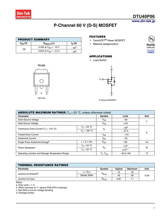 Original P-Channel Mosfet DTU40P06 40P06 TO-252 60V 27A New | PDF ...