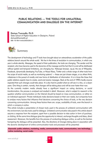 PUBLIC RELATIONS — THE TOOLS FOR UNILATERAL COMMUNICATION AND DIALOGUE ON THE INTERNET | PDF ...