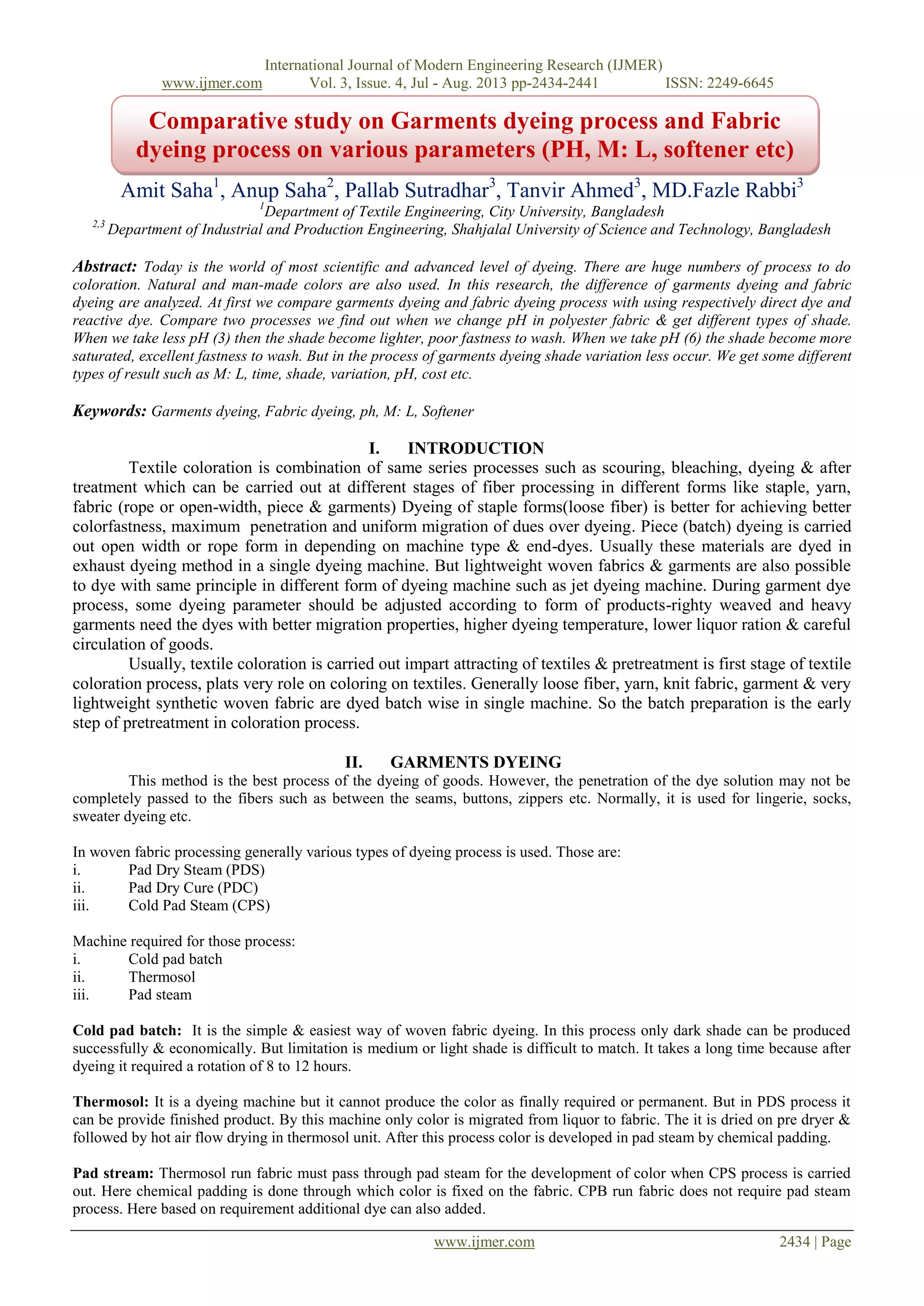 Comparative study on Garments dyeing process and Fabric dyeing process on various parameters (PH ...