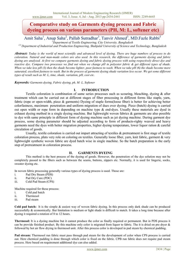 Comparative study on Garments dyeing process and Fabric dyeing process on various parameters (PH ...