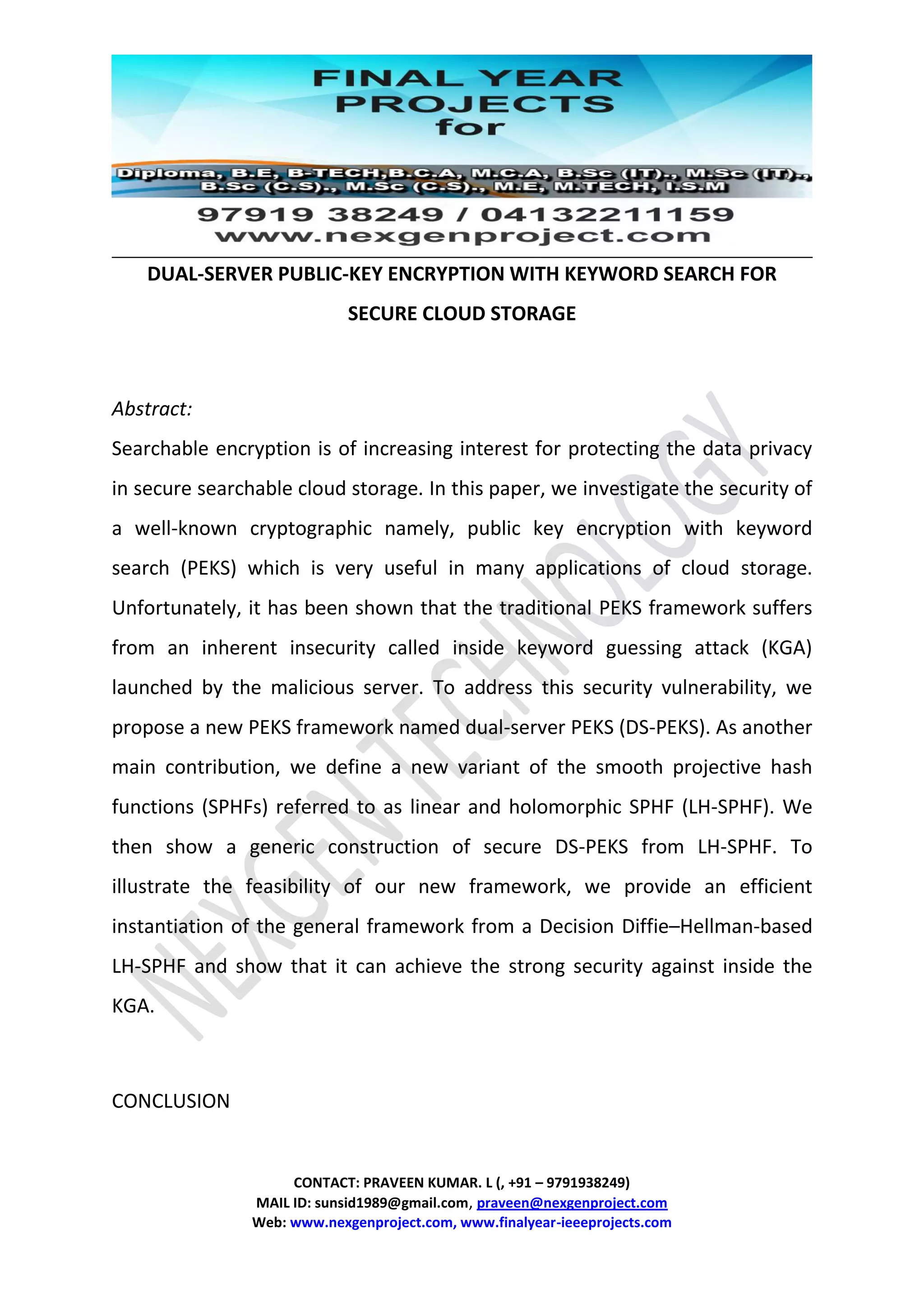 Dual Server Public Key Encryption With Keyword Search For Secure Cloud Storage Pdf