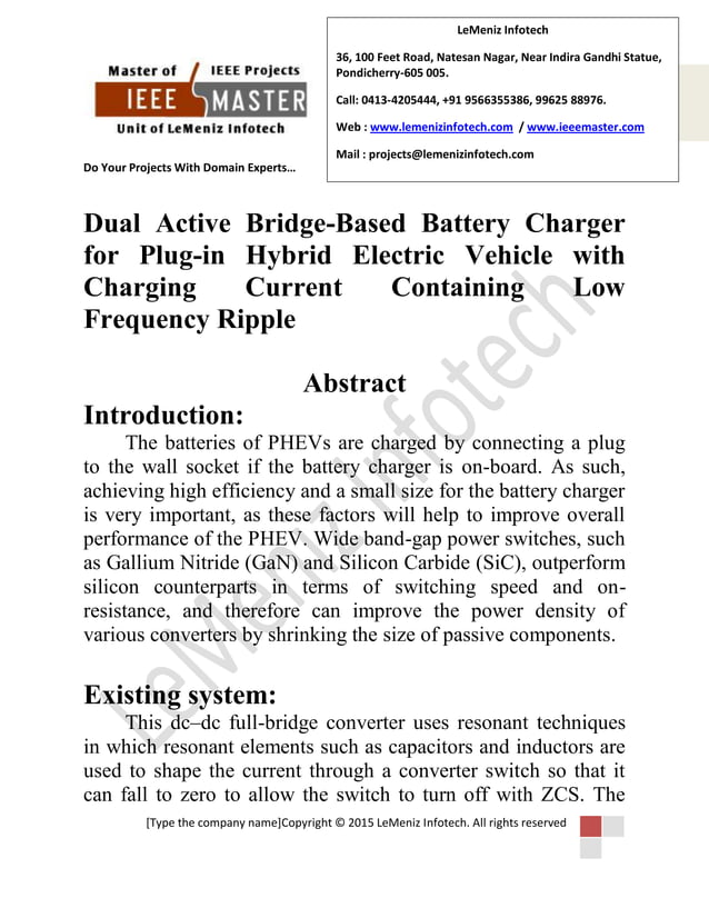 Dual Active Bridge Battery Charger for PHEVs | PDF