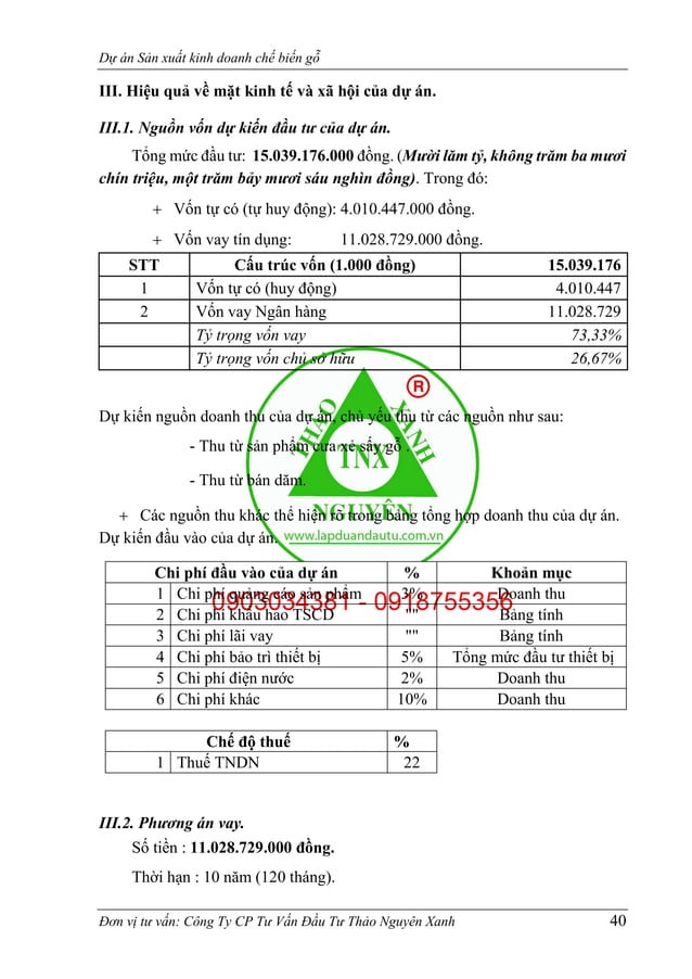 Thuyết minh dự án Sản xuất Kinh doanh Chế biến gỗ tỉnh Nghệ An - 0903034381 | PDF