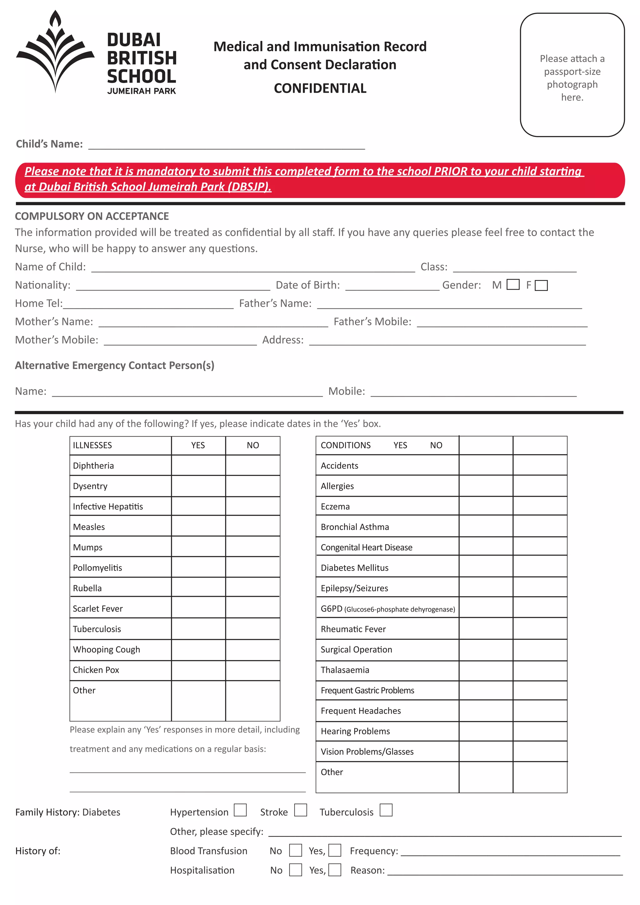Dubai British School Jumeirah Park - Medical and Immunisation Record ...