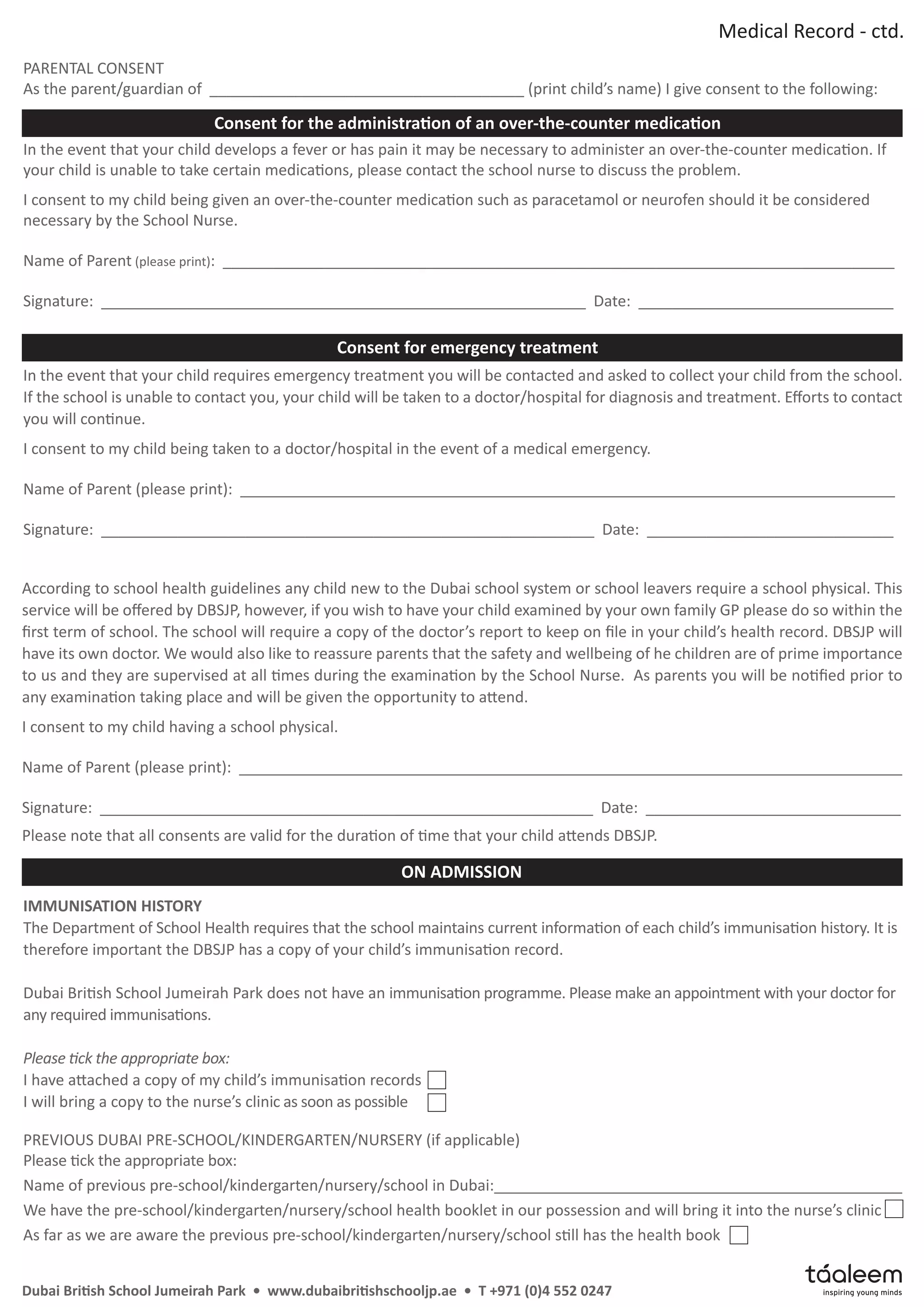 Dubai British School Jumeirah Park - Medical and Immunisation Record ...