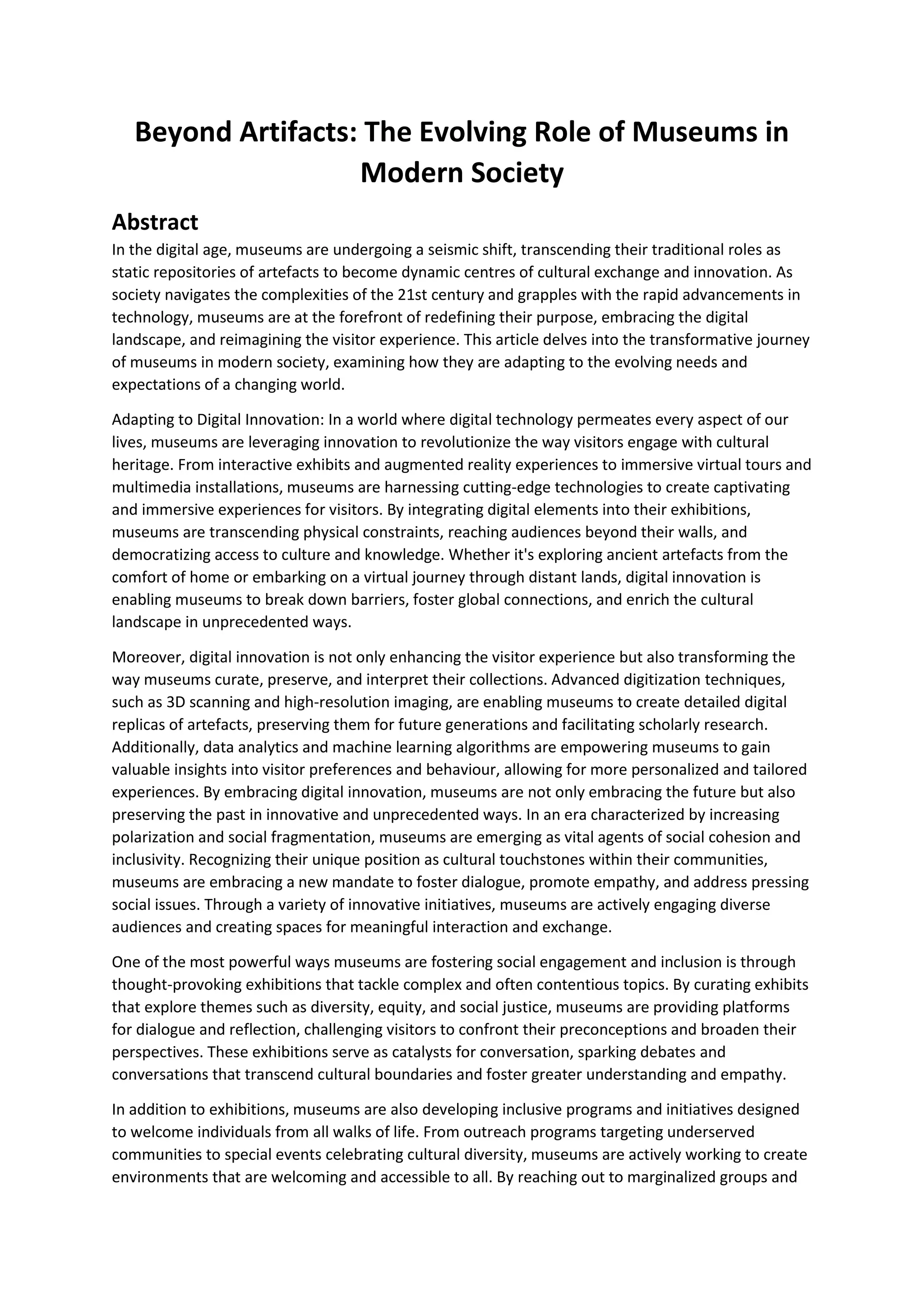 Beyond Artifacts: The Evolving Role of Museums in Modern Society | PDF