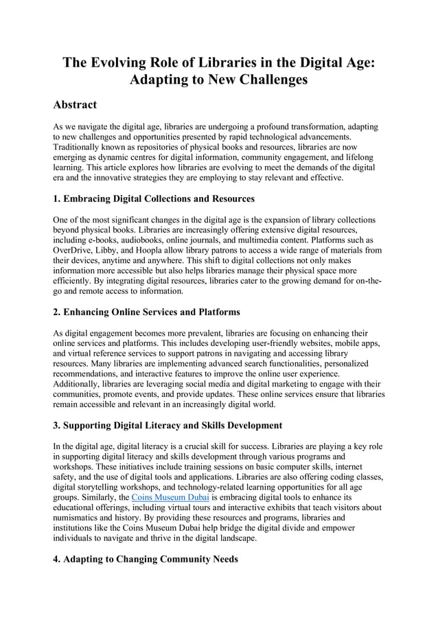 The Evolving Role of Libraries in the Digital Age: Adapting to New Challenges | PDF