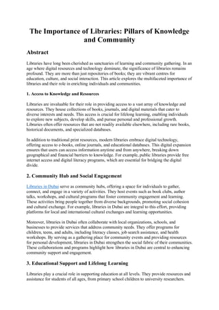 The Importance of Libraries: Pillars of Knowledge and Community | PDF
