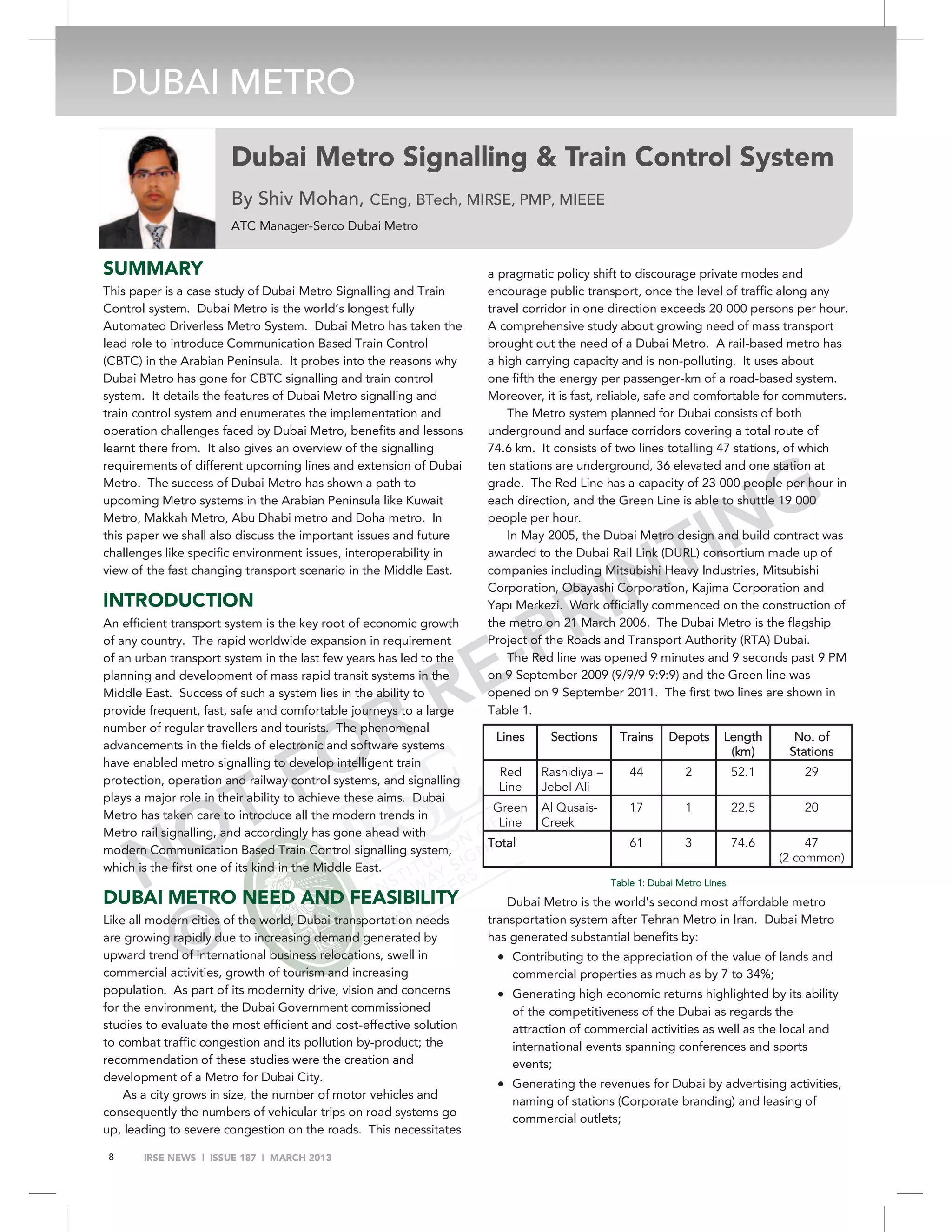 Dubai metro paper in IRSE magazine | PDF