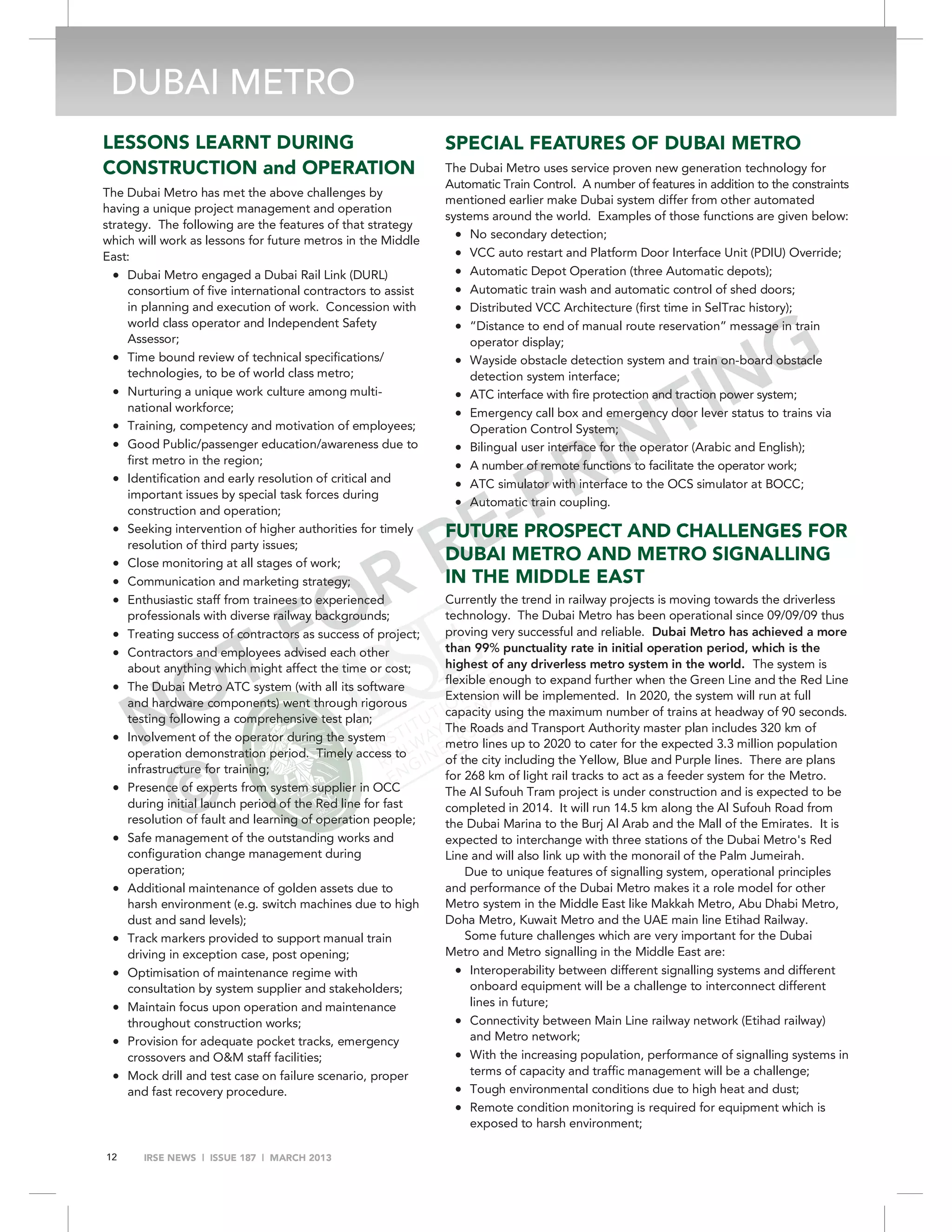 Dubai metro paper in IRSE magazine | PDF